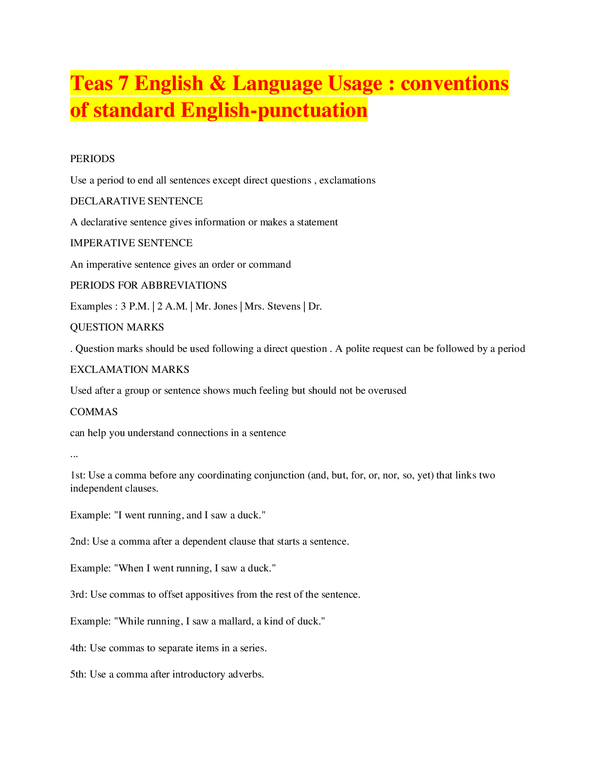 Teas 7 English & Language Usage : conventions of standard English ...
