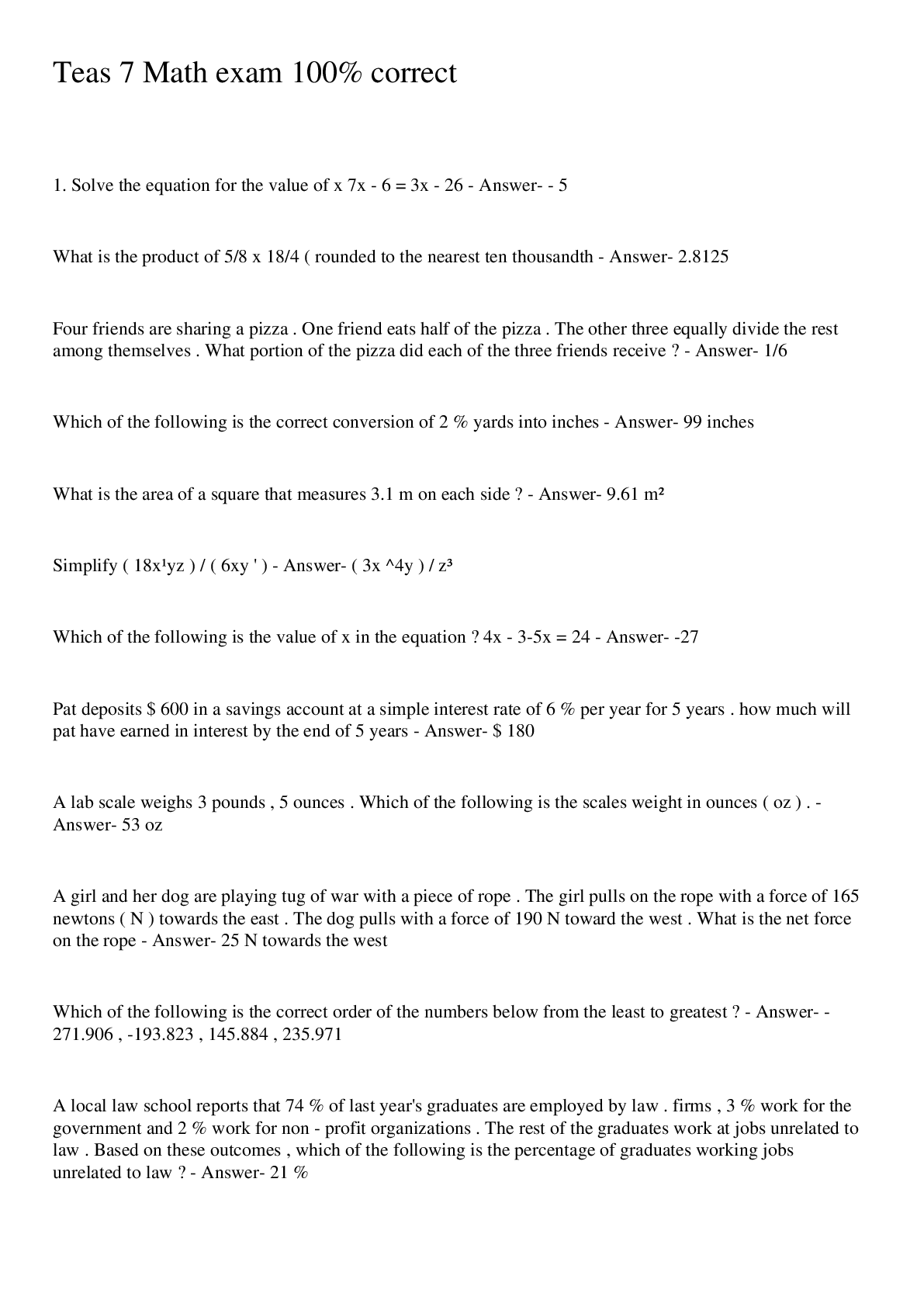 Teas 7 Math exam 100% correct - Scholarfriends