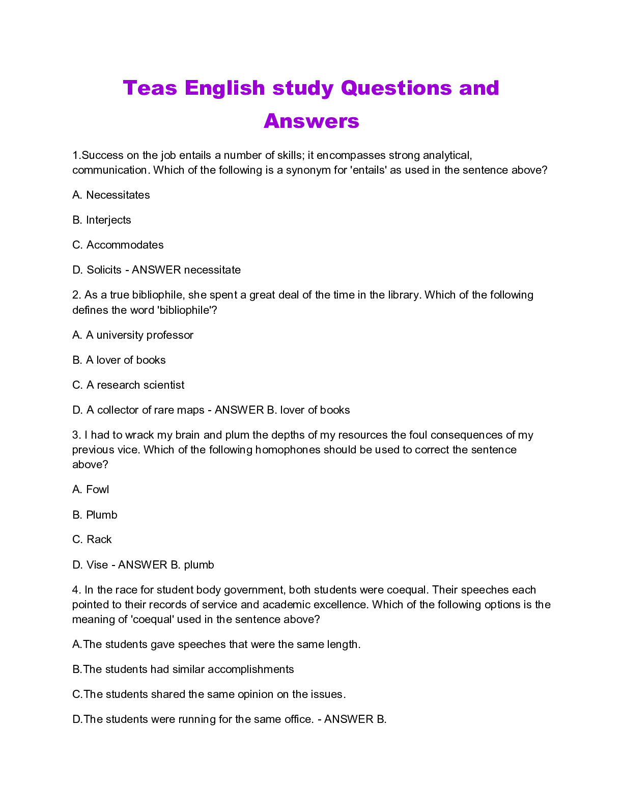 Teas English study Questions and Answers – Scholarfriends - Scholarfriends