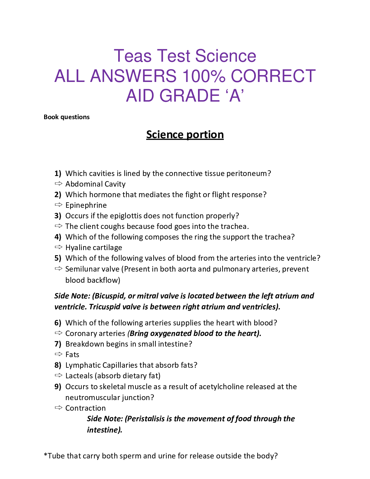 Teas Test Science ALL ANSWERS 100% CORRECT AID GRADE 'A' - Scholarfriends