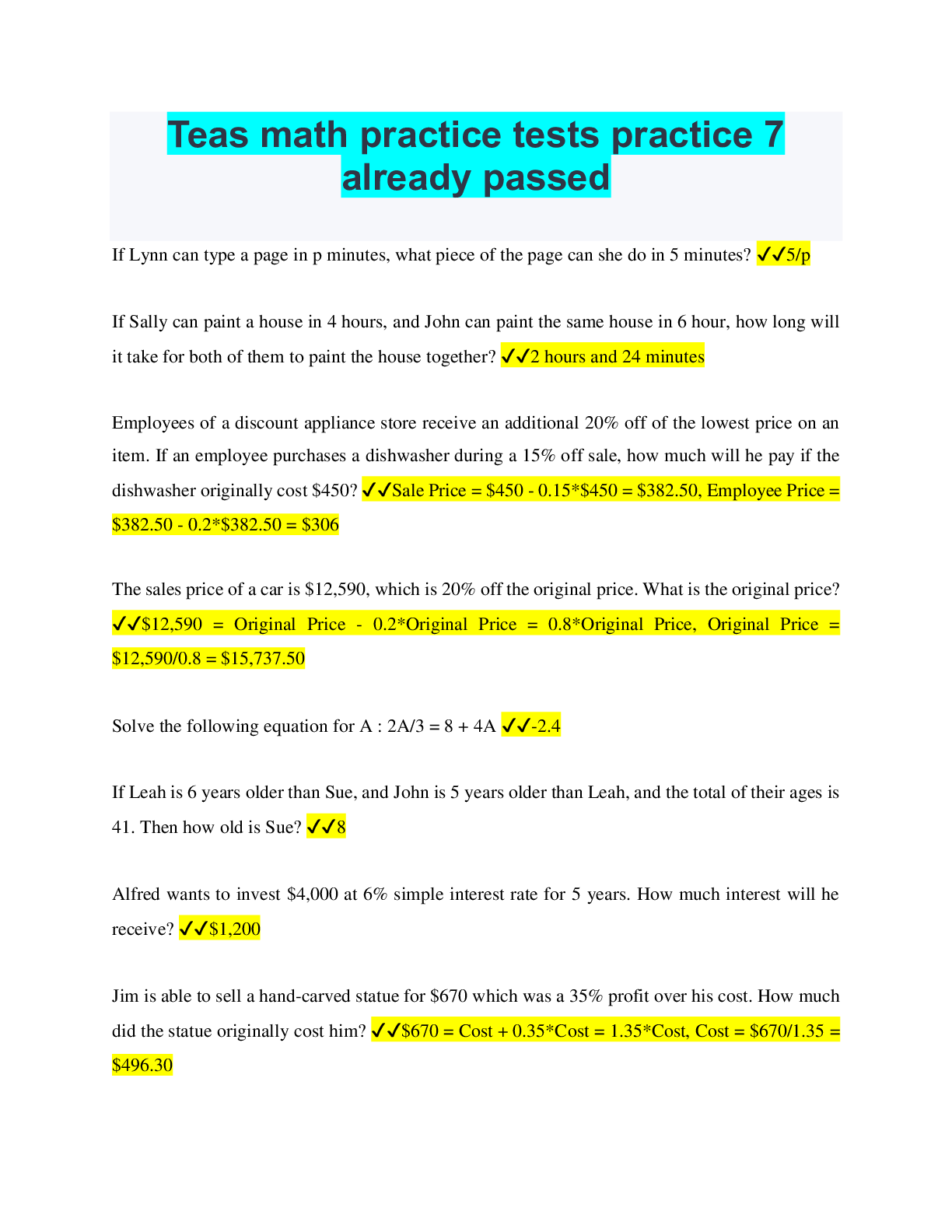 Teas math practice tests practice 7 already passed - Scholarfriends