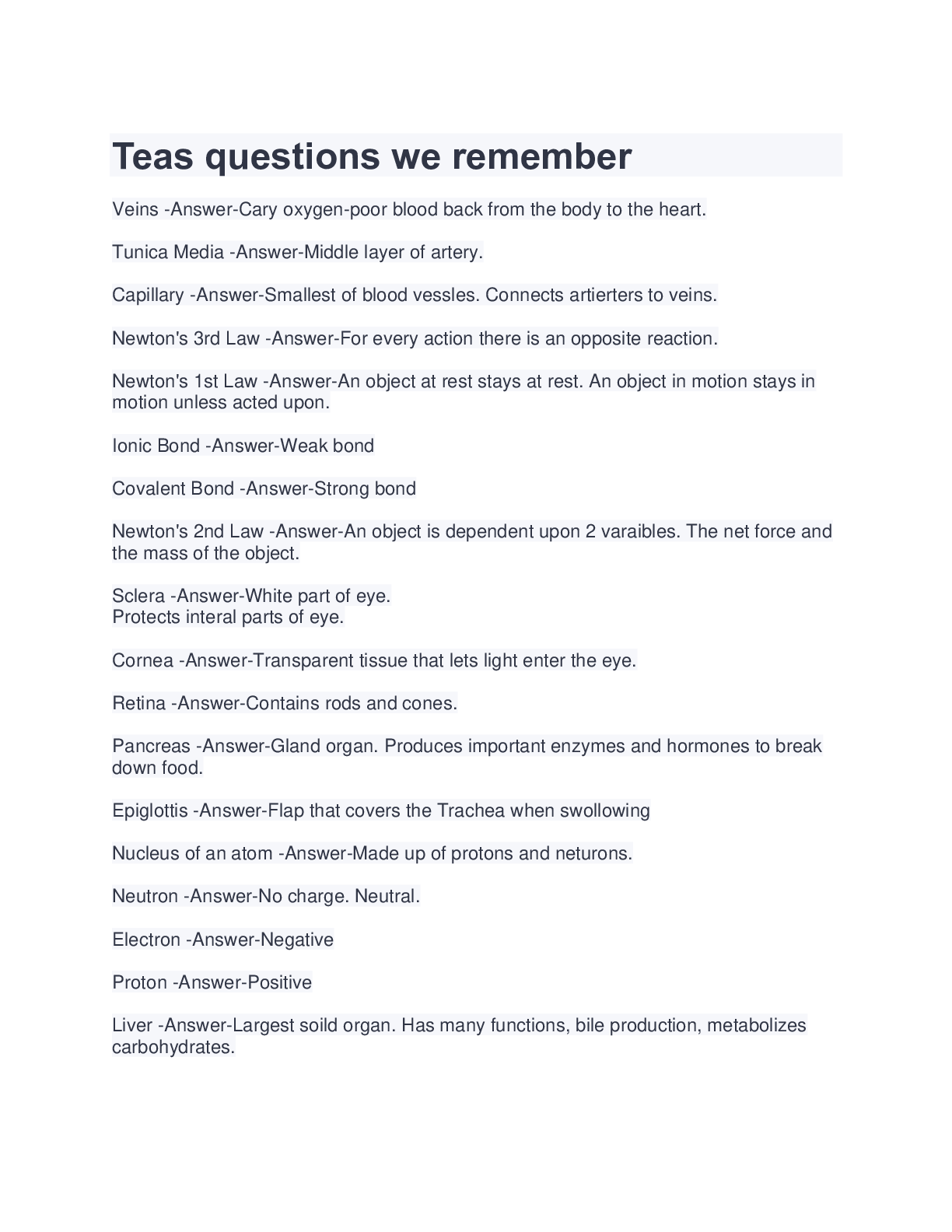Teas questions – Scholarfriends - Scholarfriends