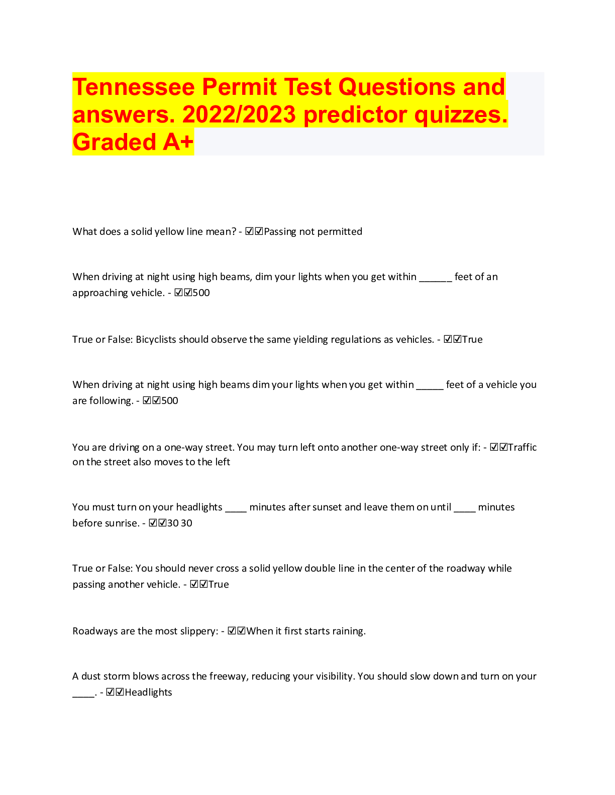 Tennessee Permit Test Questions and answers. 2022/2023 predictor ...