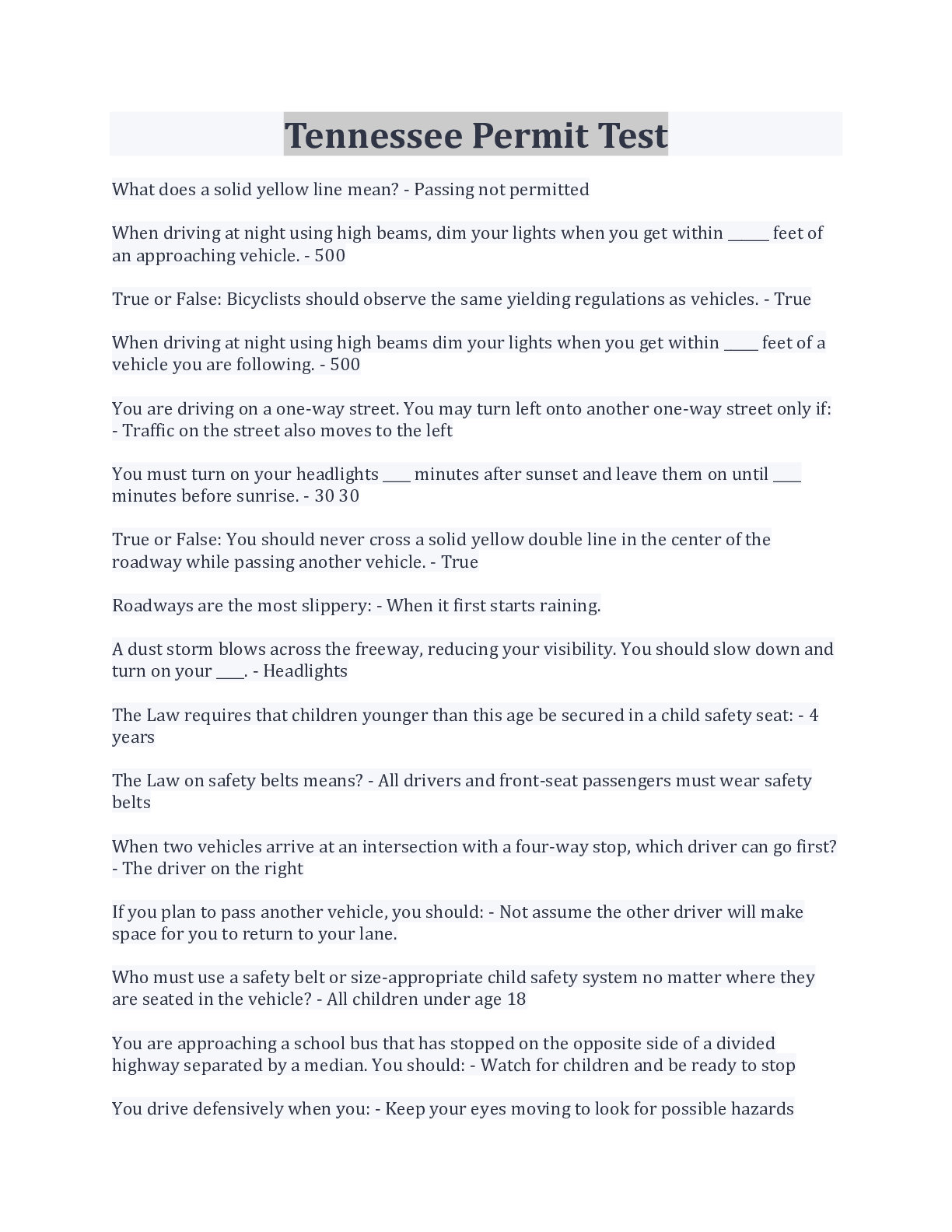 Tennessee Permit Test Exams with Verified Answers - Scholarfriends