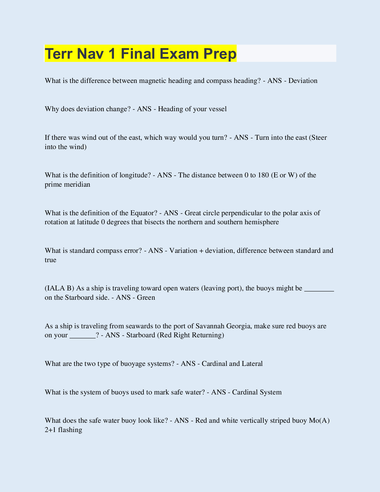 Terr Nav 1 Final Exam Prep | 50 Questions with 100% Correct Answers ...