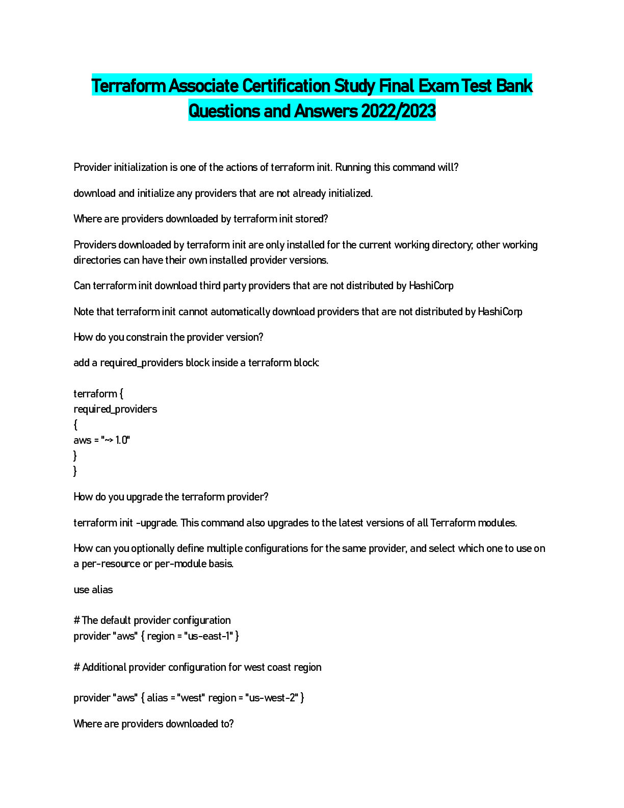 Terraform Associate Certification Study Final Exam Test Bank Questions ...