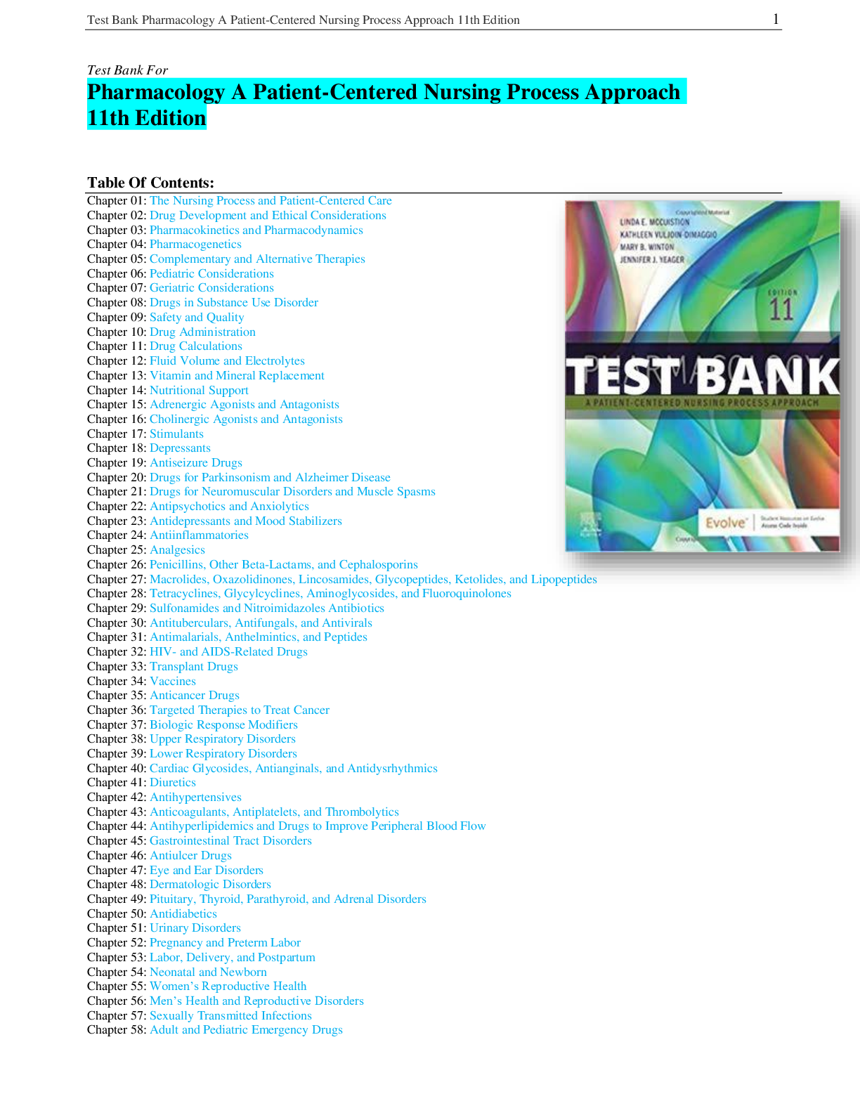 Test Bank Pharmacology A Patient-Centered Nursing Process Approach 11th ...