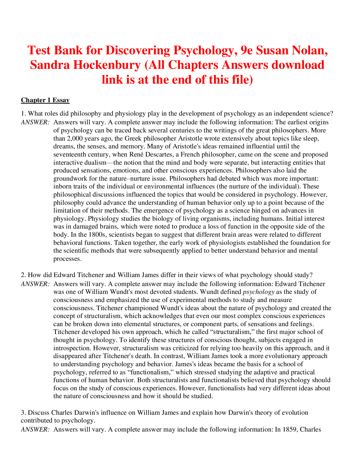Discovering Psychology, 9e Susan Nolan, Sandra Hockenbury (Test Bank ...