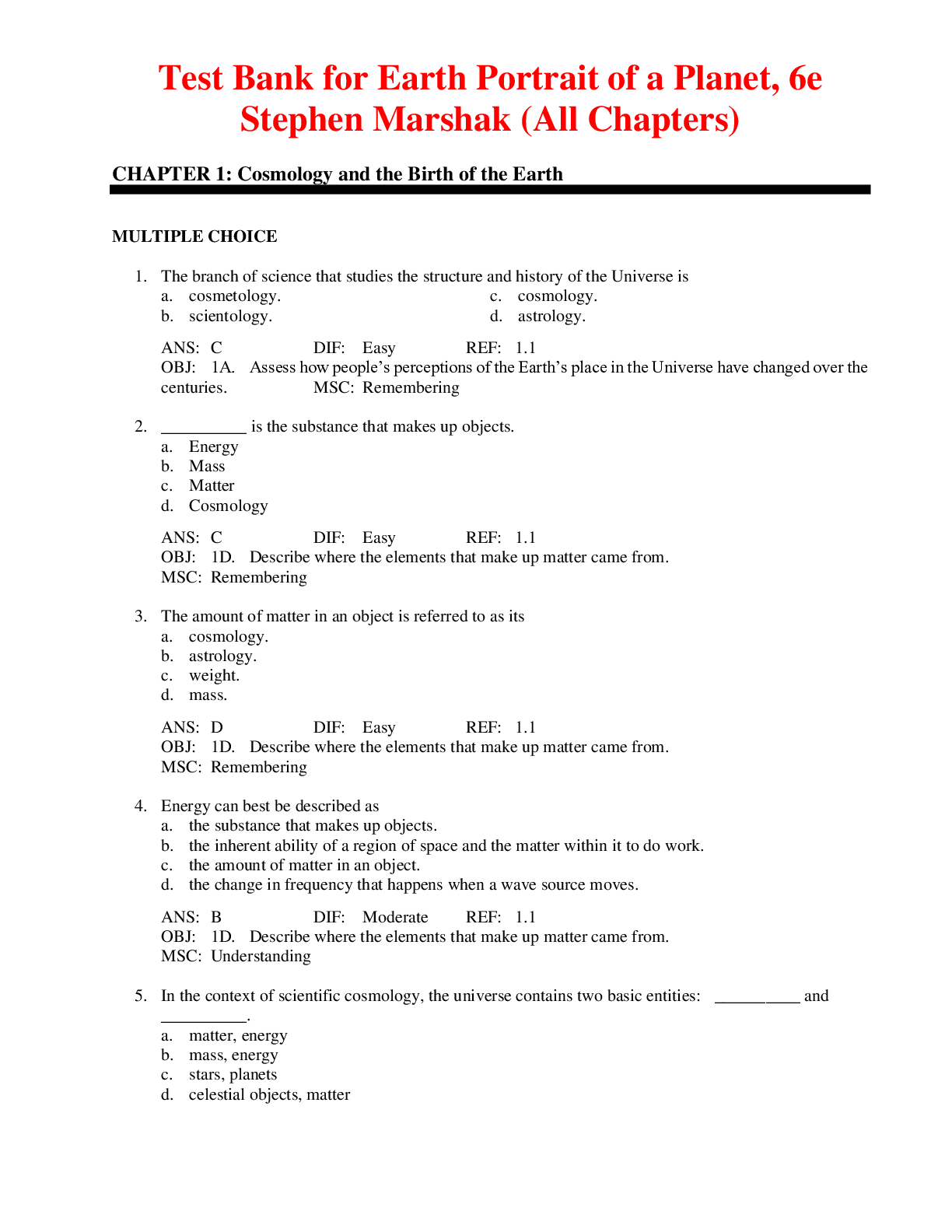 Test Bank for Earth Portrait of a Planet, 6e Stephen Marshak ...