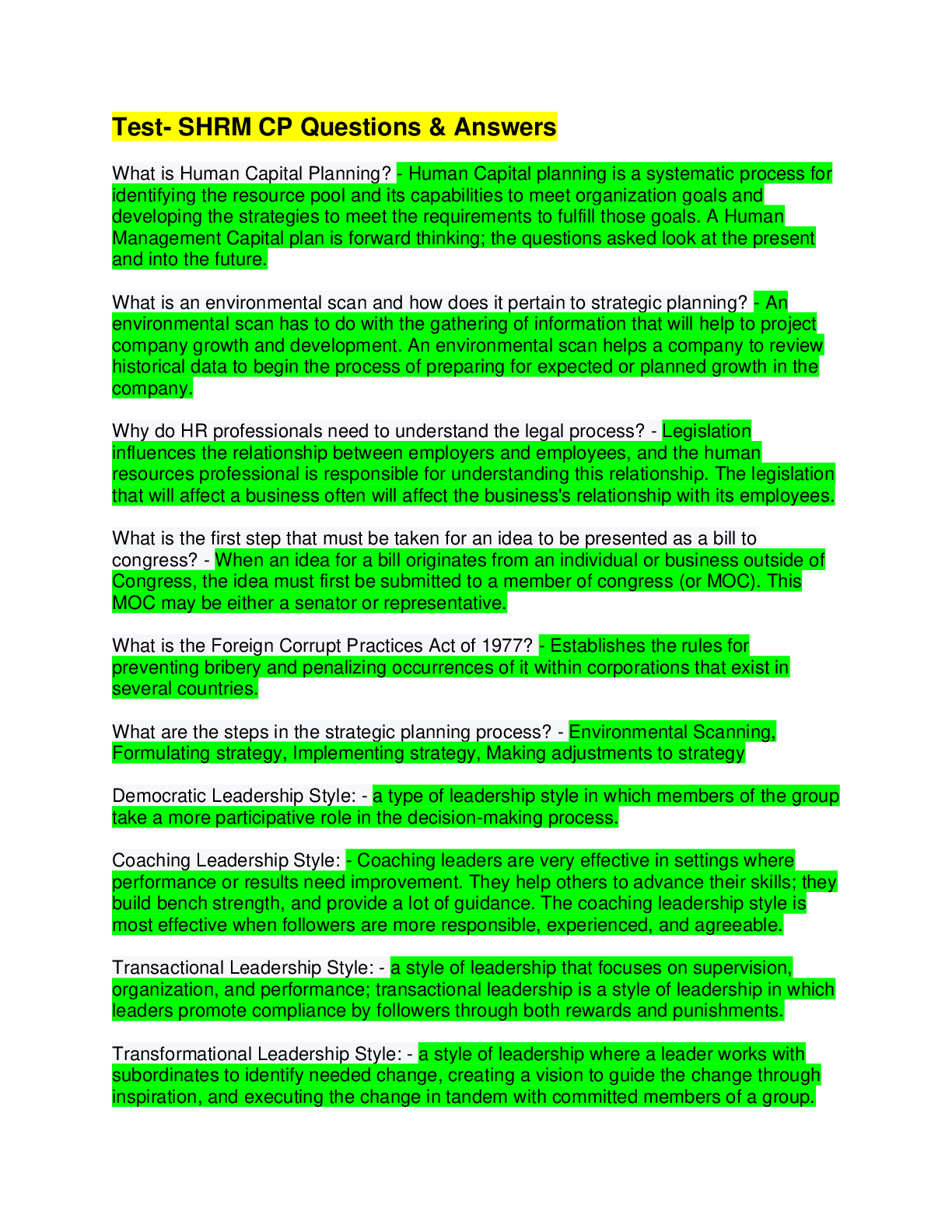 Test- SHRM CP Questions & Answers; . - Scholarfriends