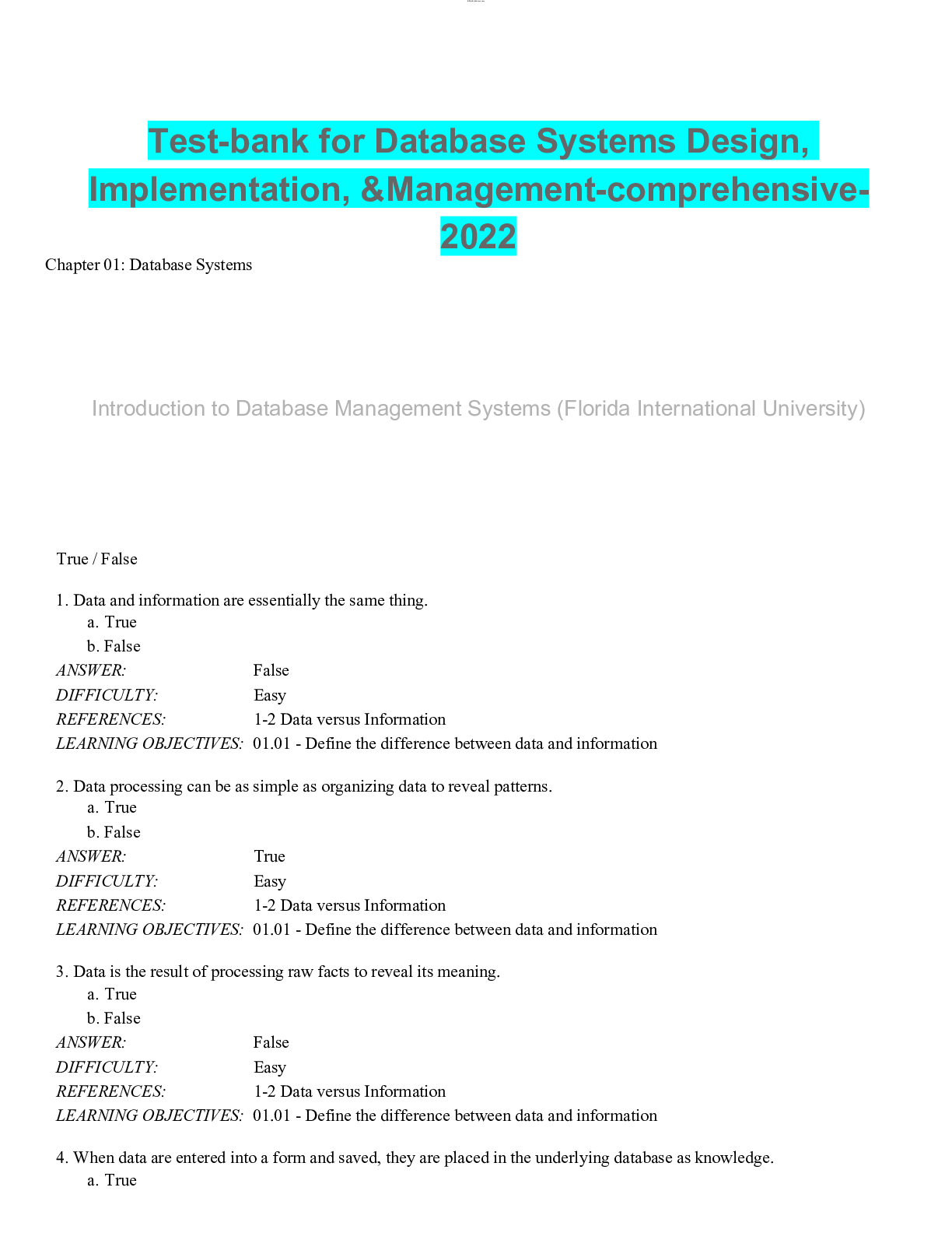 Test-bank for Database Systems Design, Implementation, & Management ...