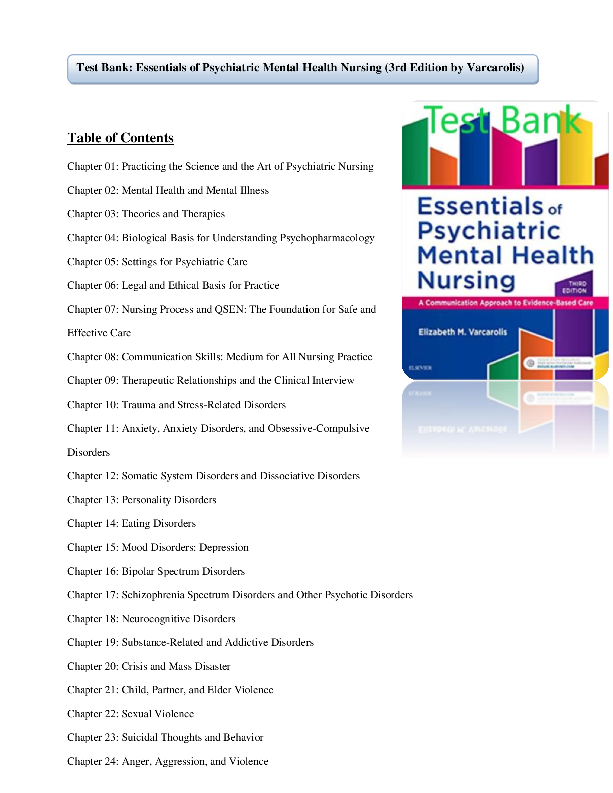TestBank Varcarolis Essentials of Psychiatric Mental Health Nursing 3rd ...