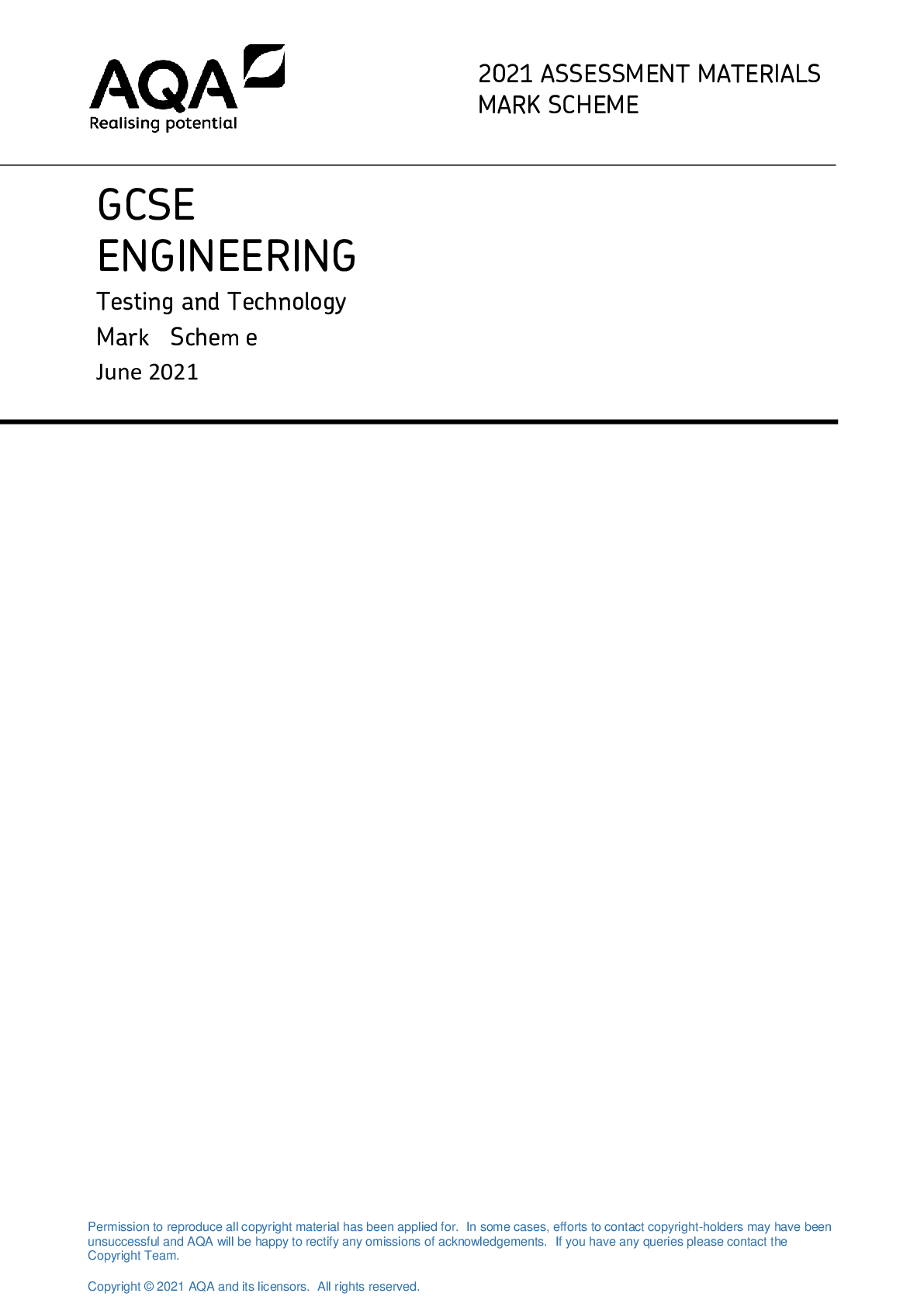 AQA GCSE ENGINEERING (8852) Testing and Technology Mark Scheme June ...