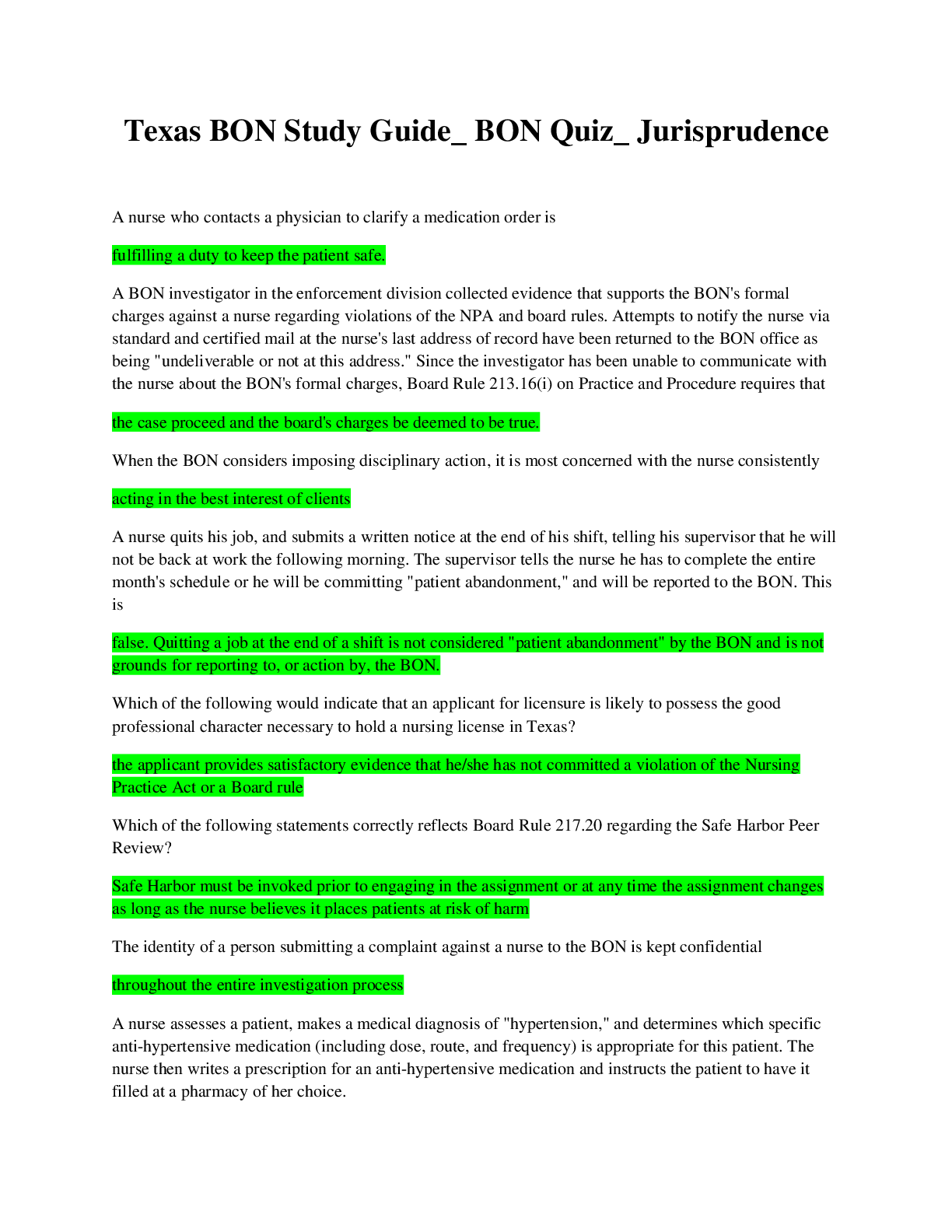 Texas BON Study Guide_ BON Quiz_ Jurisprudence – Scholarfriends ...
