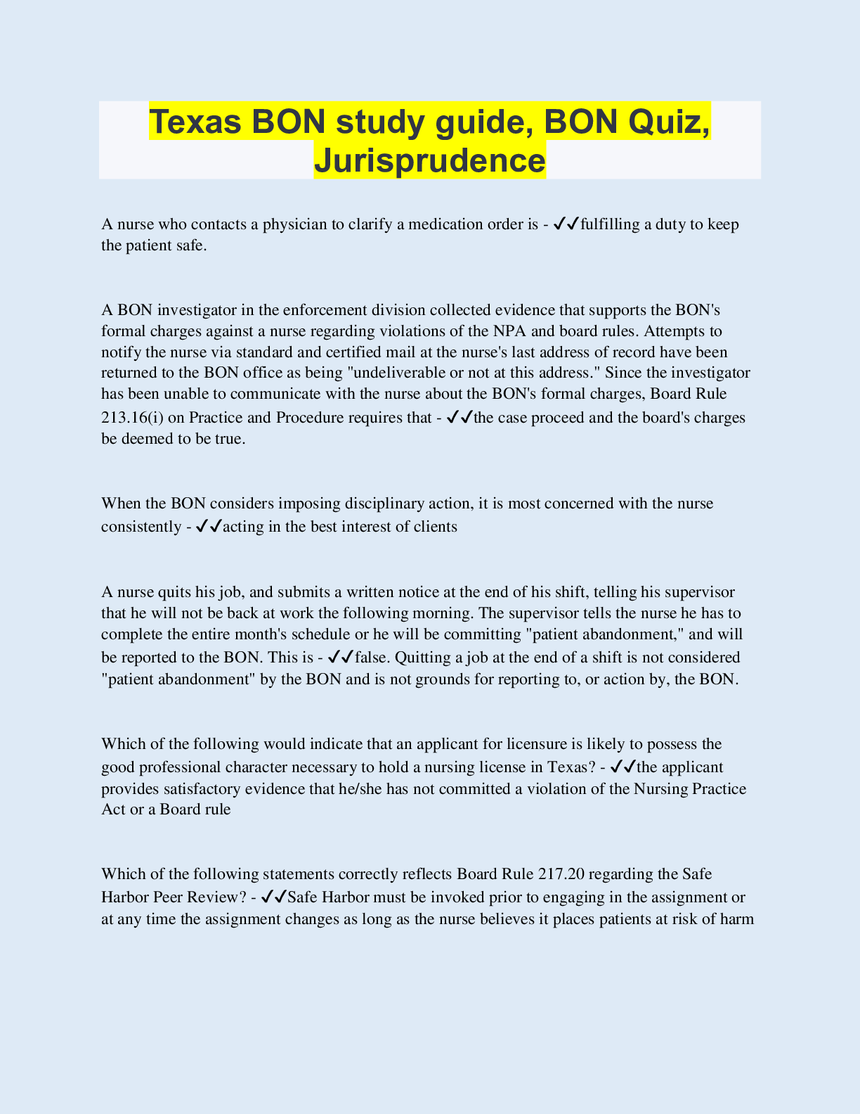 Texas BON study guide, BON Quiz, Jurisprudence | 150 Questions with 100 ...
