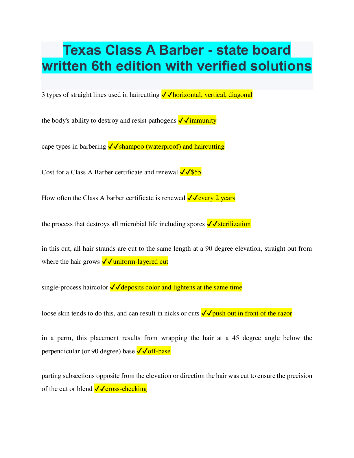 Texas Class A Barber - state board written 6th edition with verified ...
