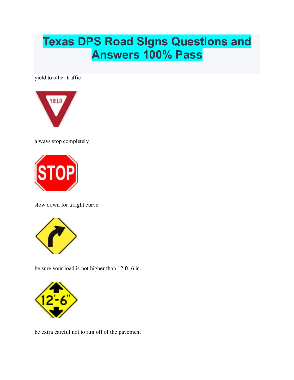 Texas DPS Road Signs Questions and Answers 100% Pass - Scholarfriends