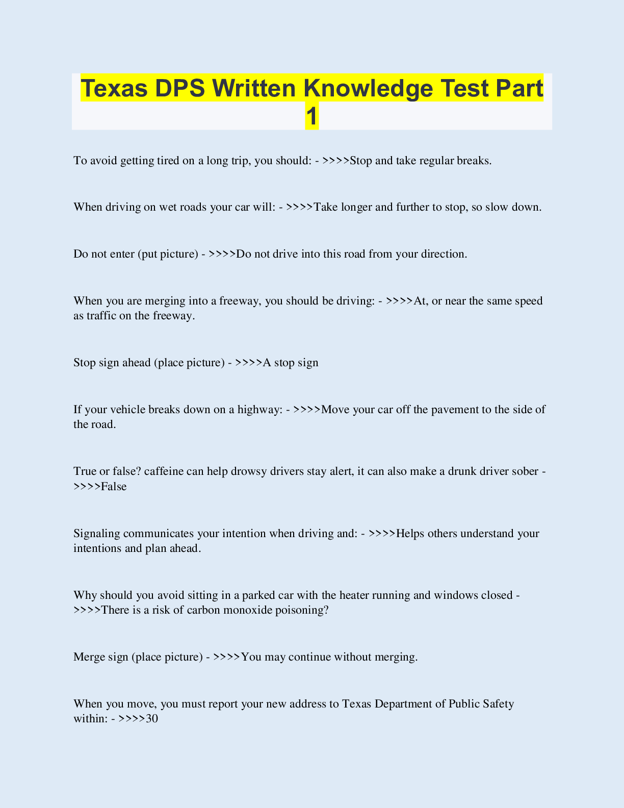 Texas DPS Written Knowledge Test Part 1 | 30 Questions with 100% ...