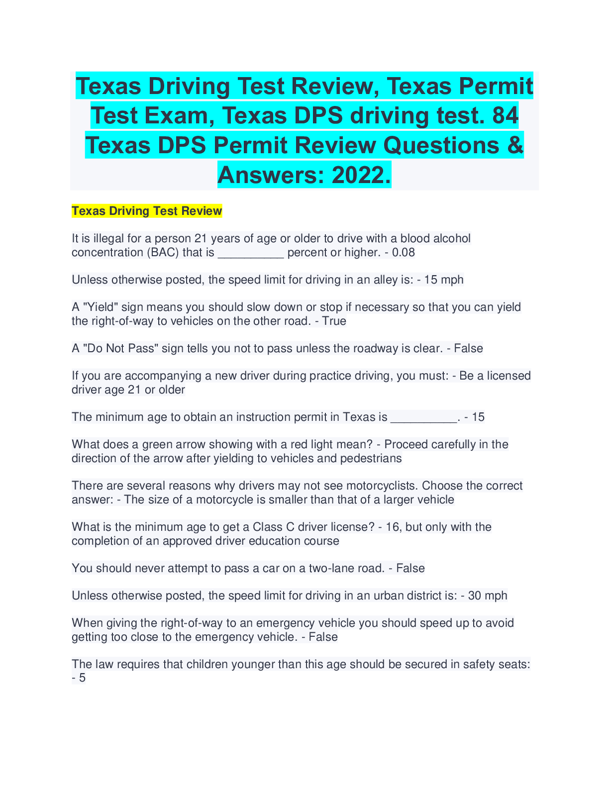 Texas Driving Test Review, Texas Permit Test Exam, Texas DPS driving ...