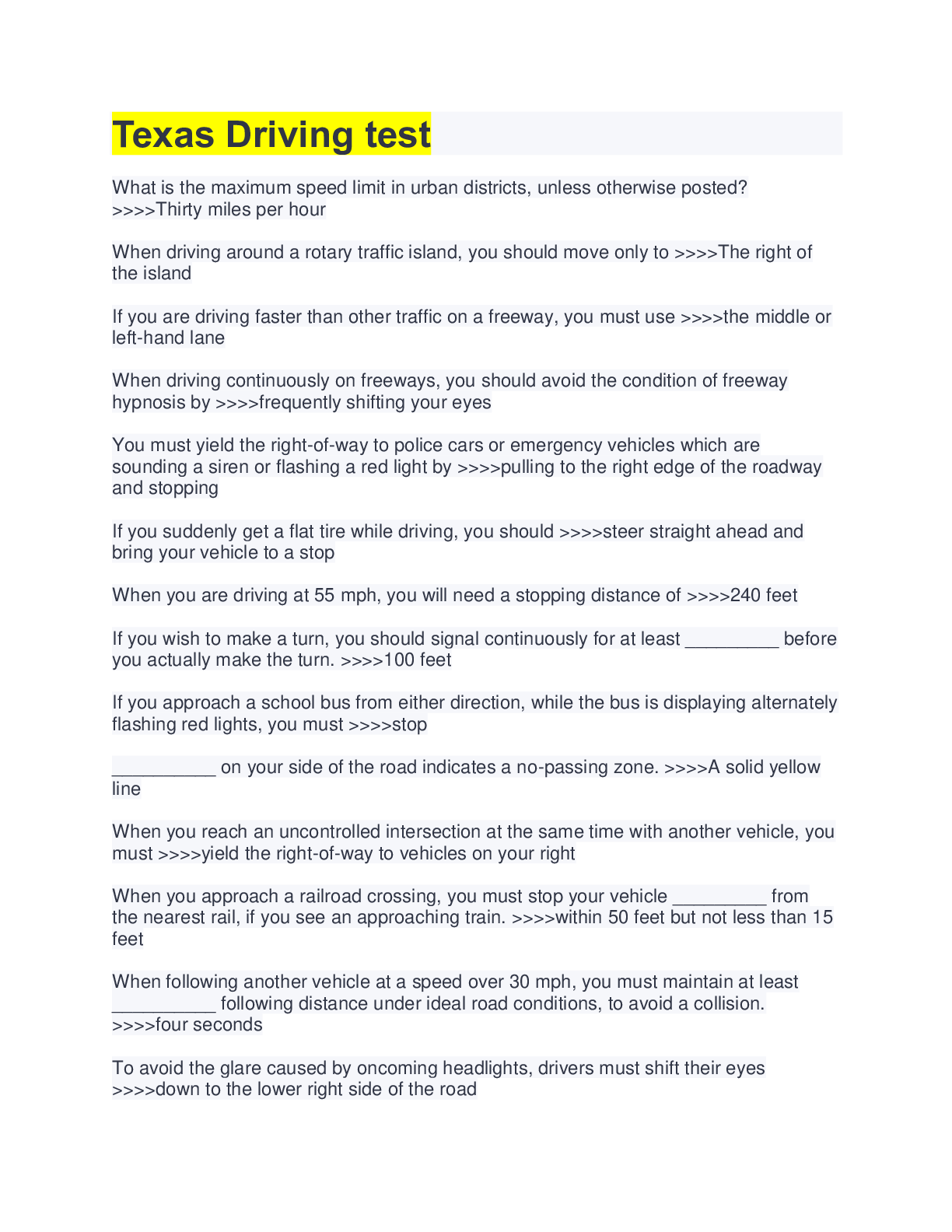 Texas Driving test | All answers are 100% Correct - Scholarfriends