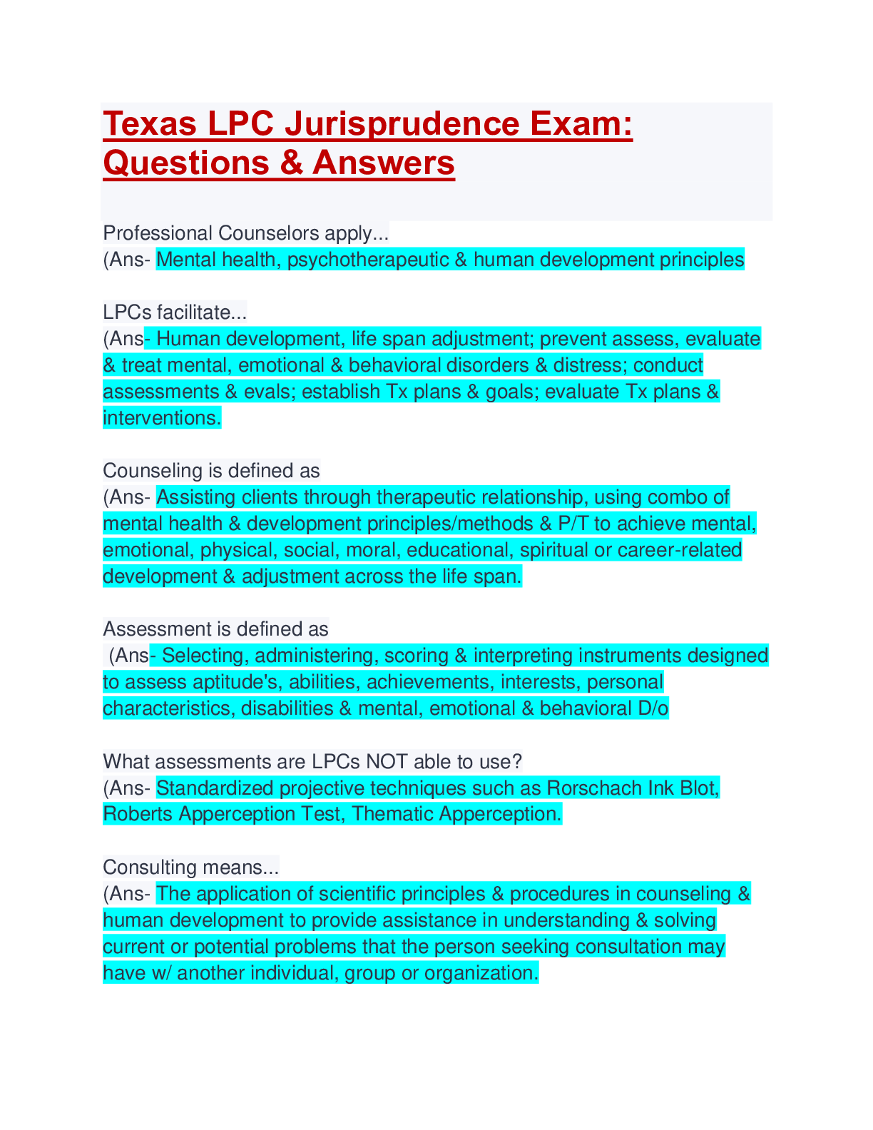 Texas LPC Jurisprudence Exam: Questions & Answers: Latest Updated A+ ...