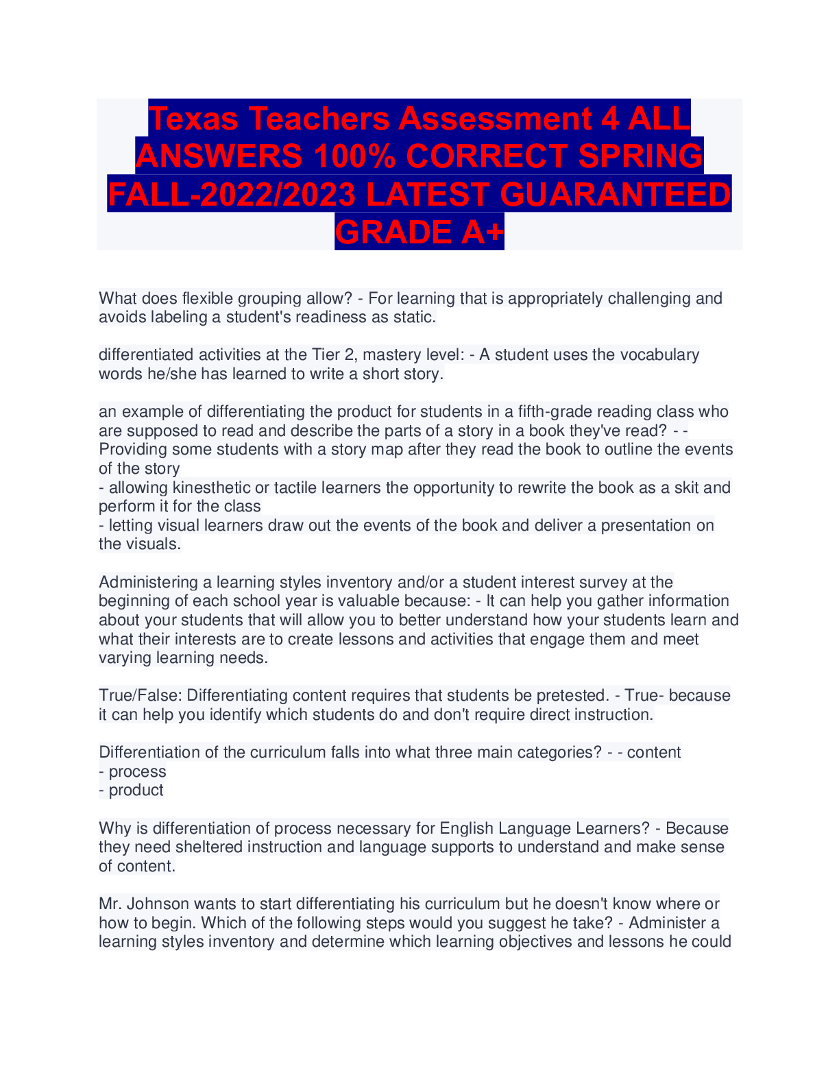 Texas Teachers Assessment 4 ALL ANSWERS 100% CORRECT SPRING FALL-2022/ ...