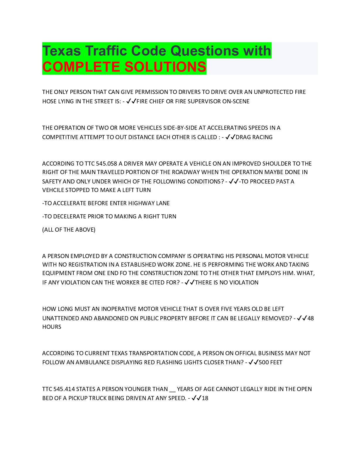 Texas Traffic Code Questions with COMPLETE SOLUTIONS - Scholarfriends