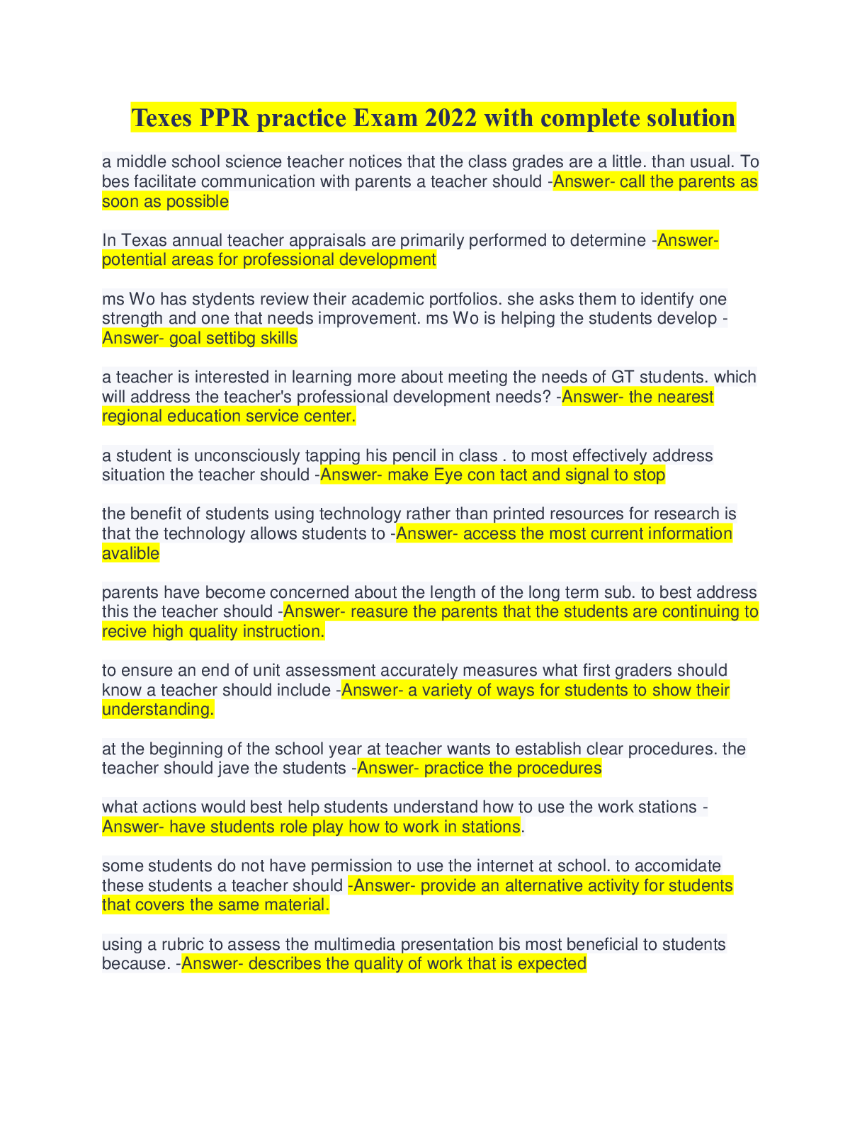 Texes PPR practice Exam 2022 with complete solution – Scholarfriends ...