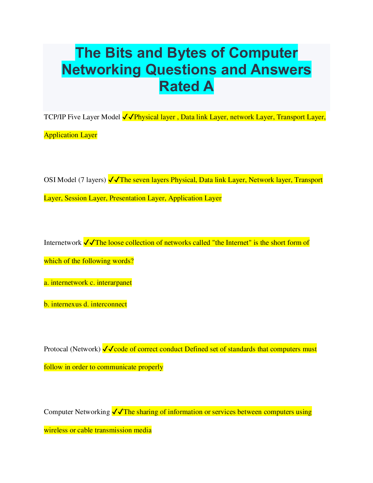 The Bits and Bytes of Computer Networking Questions and Answers Rated A ...
