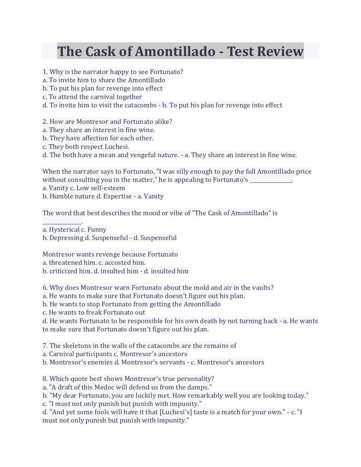 The Cask of Amontillado - Test Review - Scholarfriends