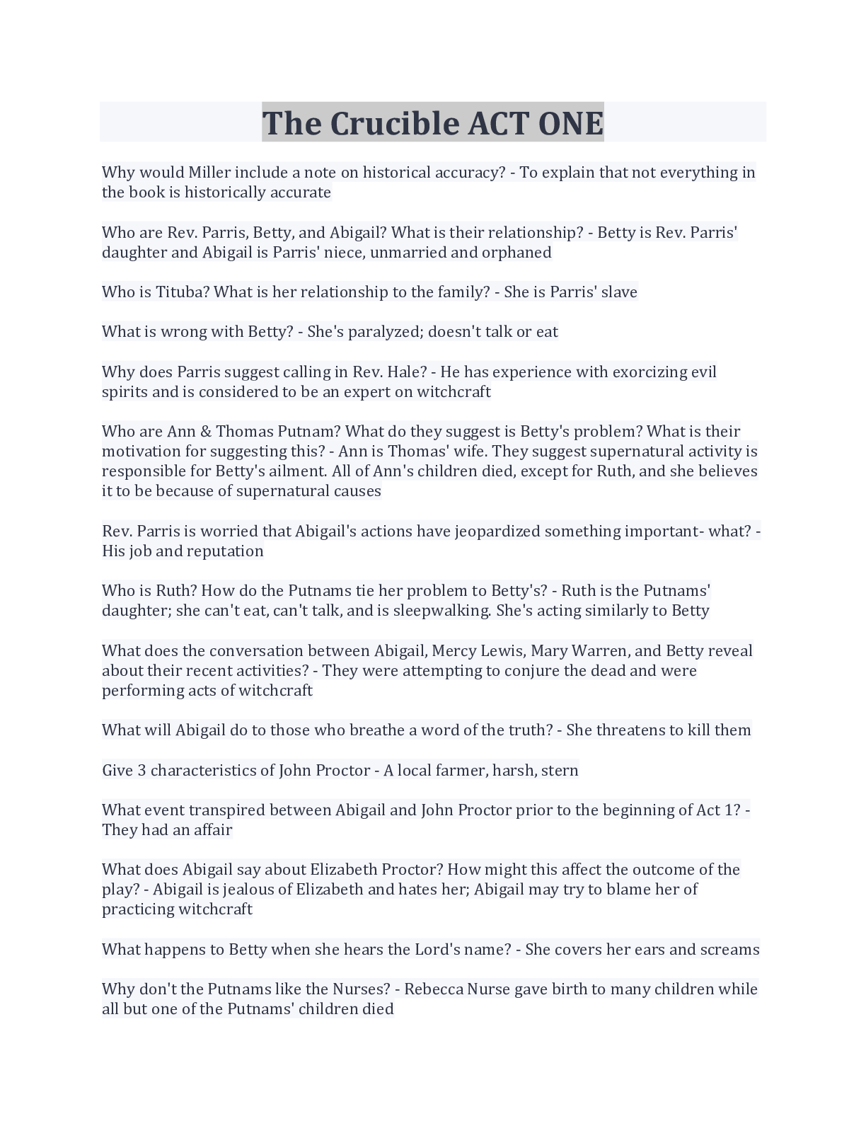 The Crucible ACT ONE LATEST UPDATE QUESTIONS AND ANSWERS - Scholarfriends
