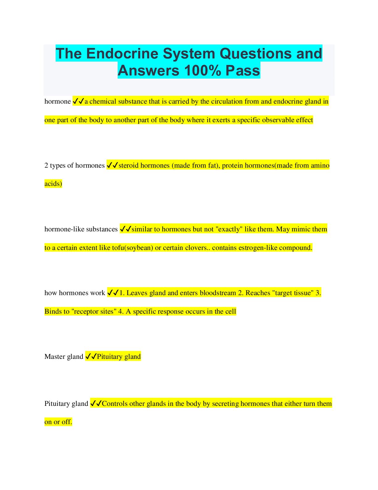The Endocrine System Questions and Answers 100% Pass - Scholarfriends