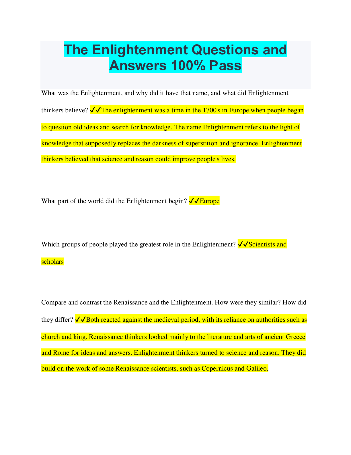 The Enlightenment Questions and Answers 100% Pass – Scholarfriends ...