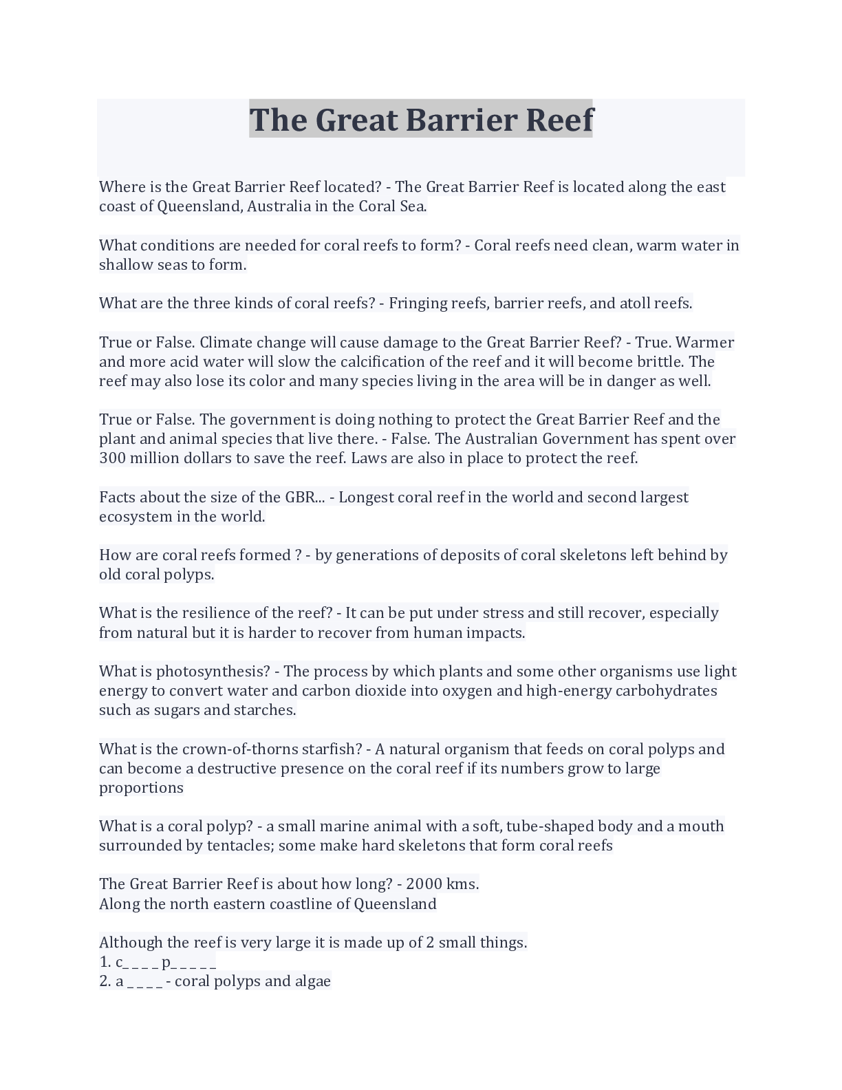 The Great Barrier Reef Questions And Answers – Scholarfriends ...