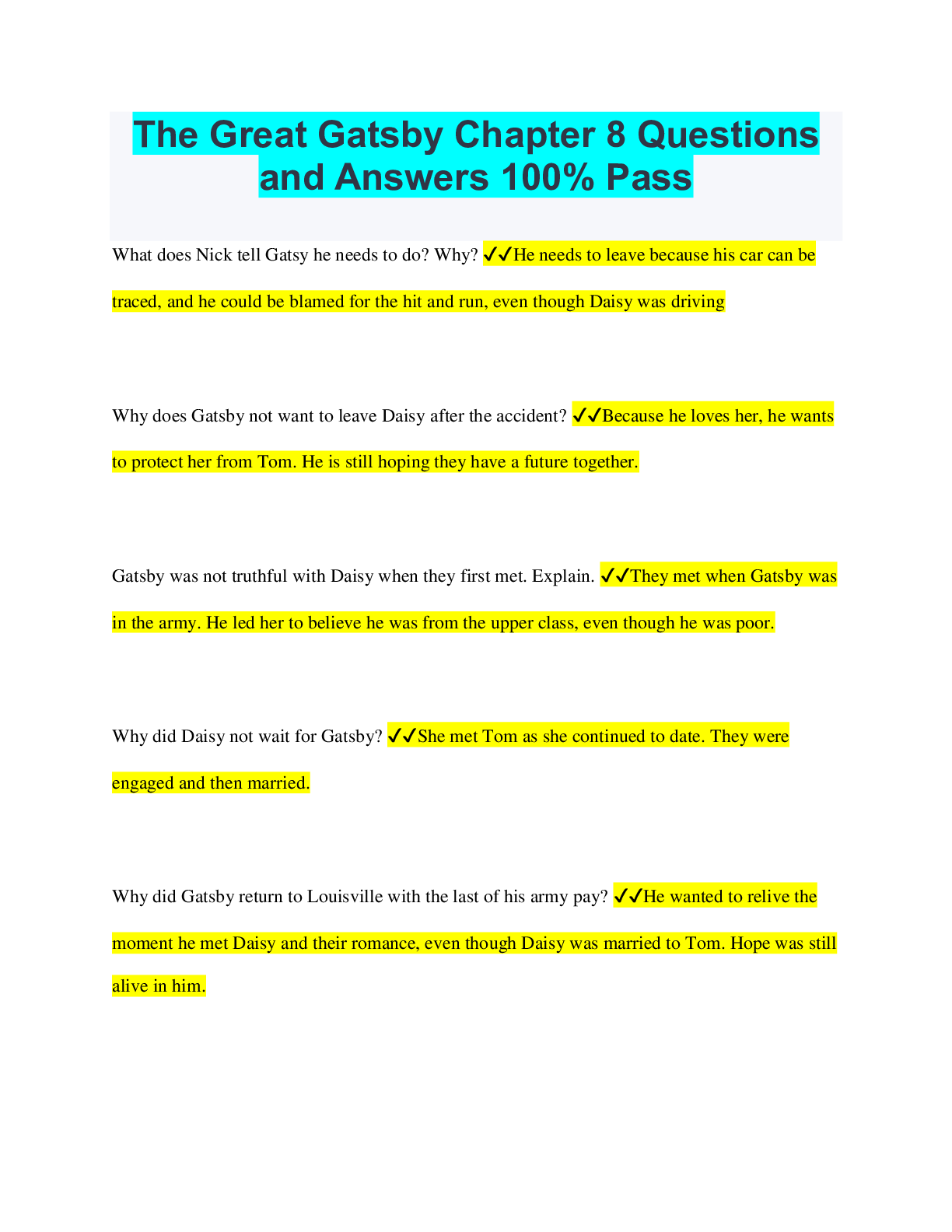 The Great Gatsby Chapter 8 Questions and Answers 100% Pass - Scholarfriends