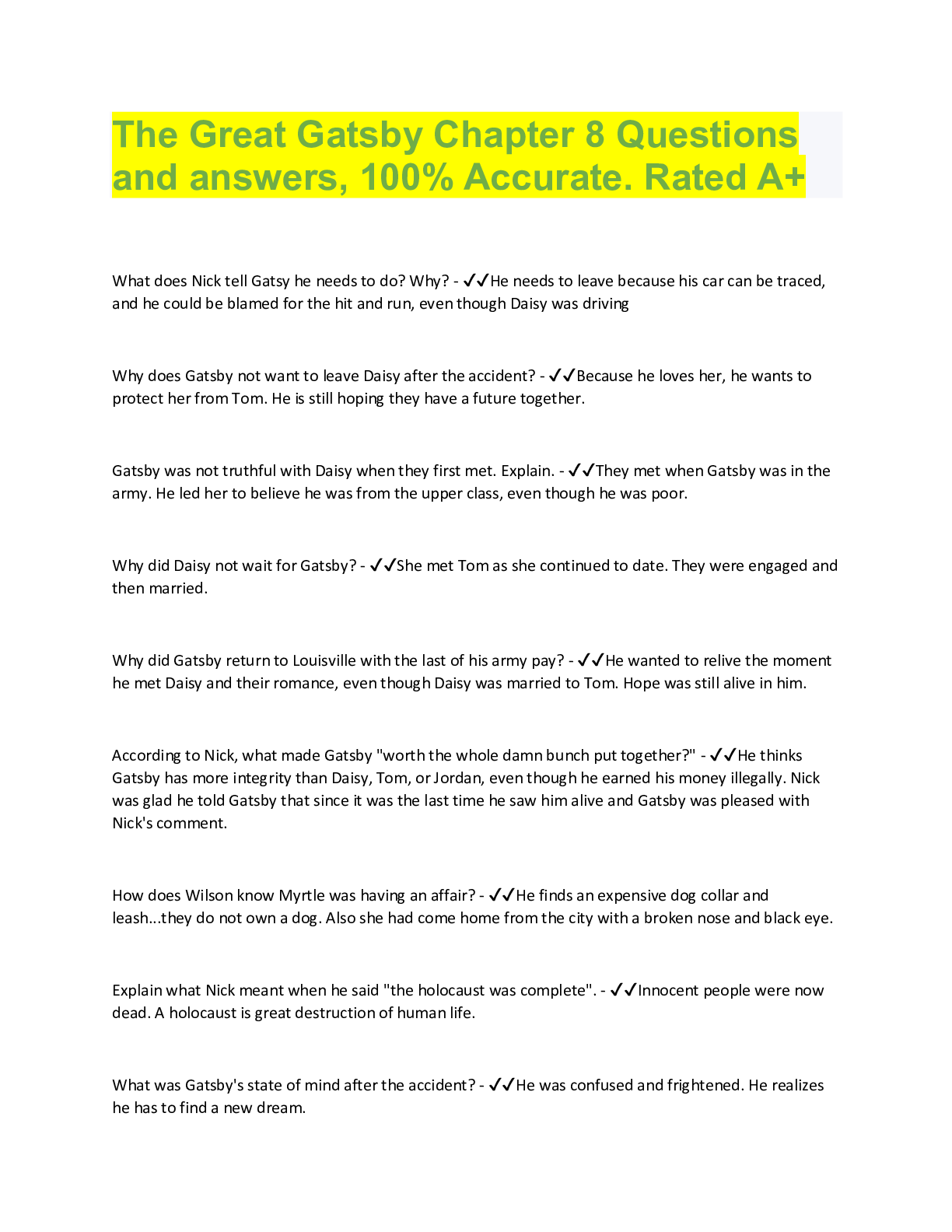 The Great Gatsby Chapter 8 Questions and answers, 100% Accurate. Rated ...