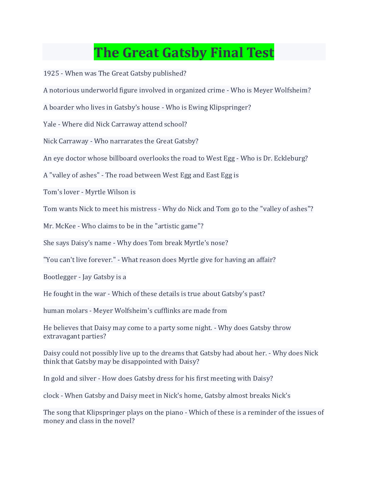 The Great Gatsby Final Test Questions And Answers | ScholarFriends