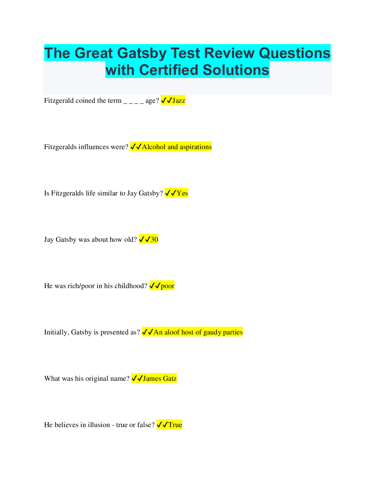 The Great Gatsby Test Review Questions with Certified Solutions ...