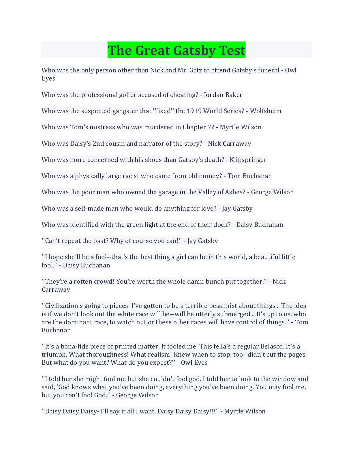 The Great Gatsby Test Questions And Answers/ Download | ScholarFriends