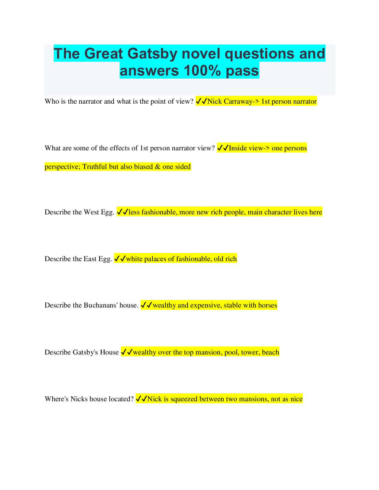 The Great Gatsby novel questions and answers 100% pass - Scholarfriends