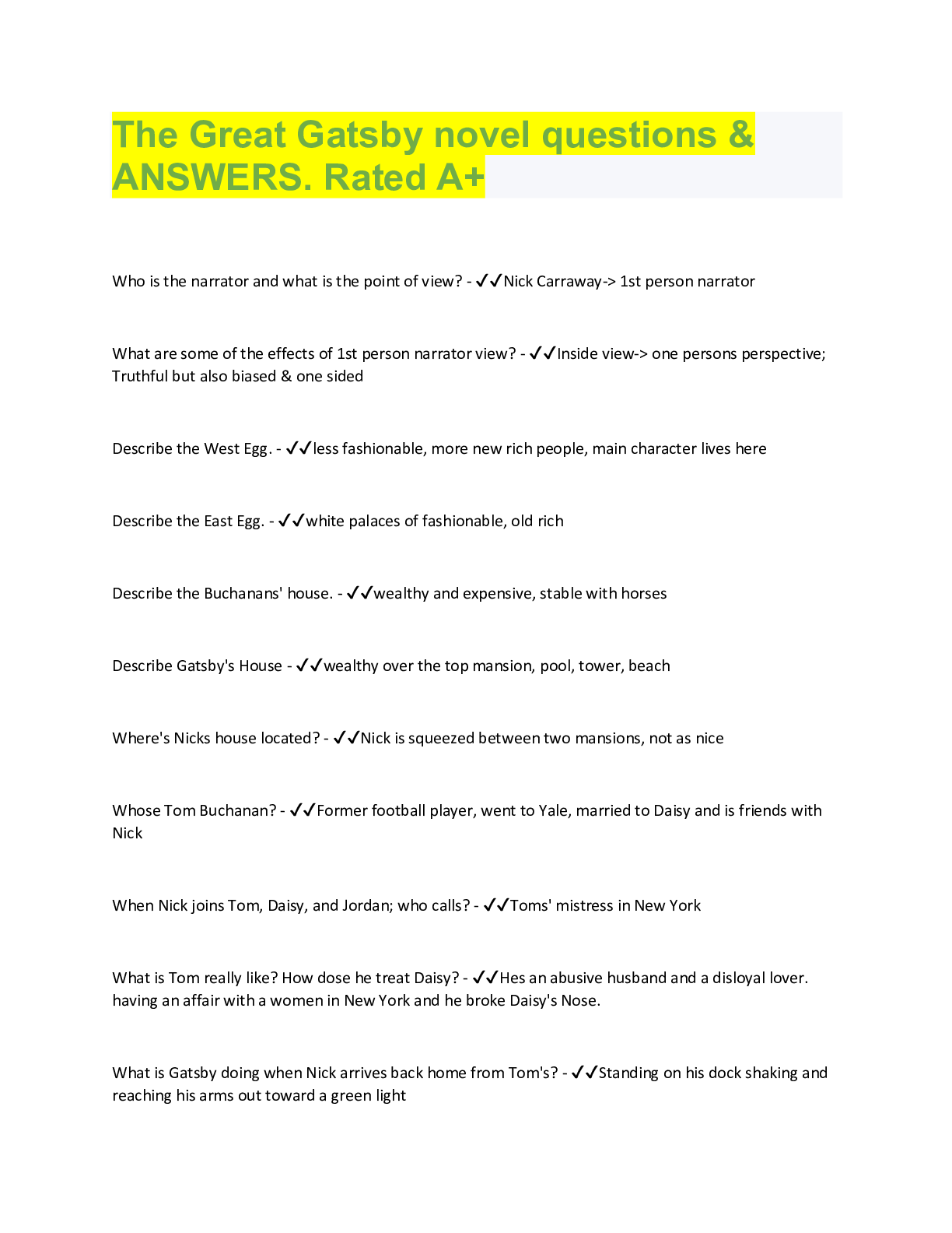 The Great Gatsby novel questions & ANSWERS. Rated A+ - Scholarfriends