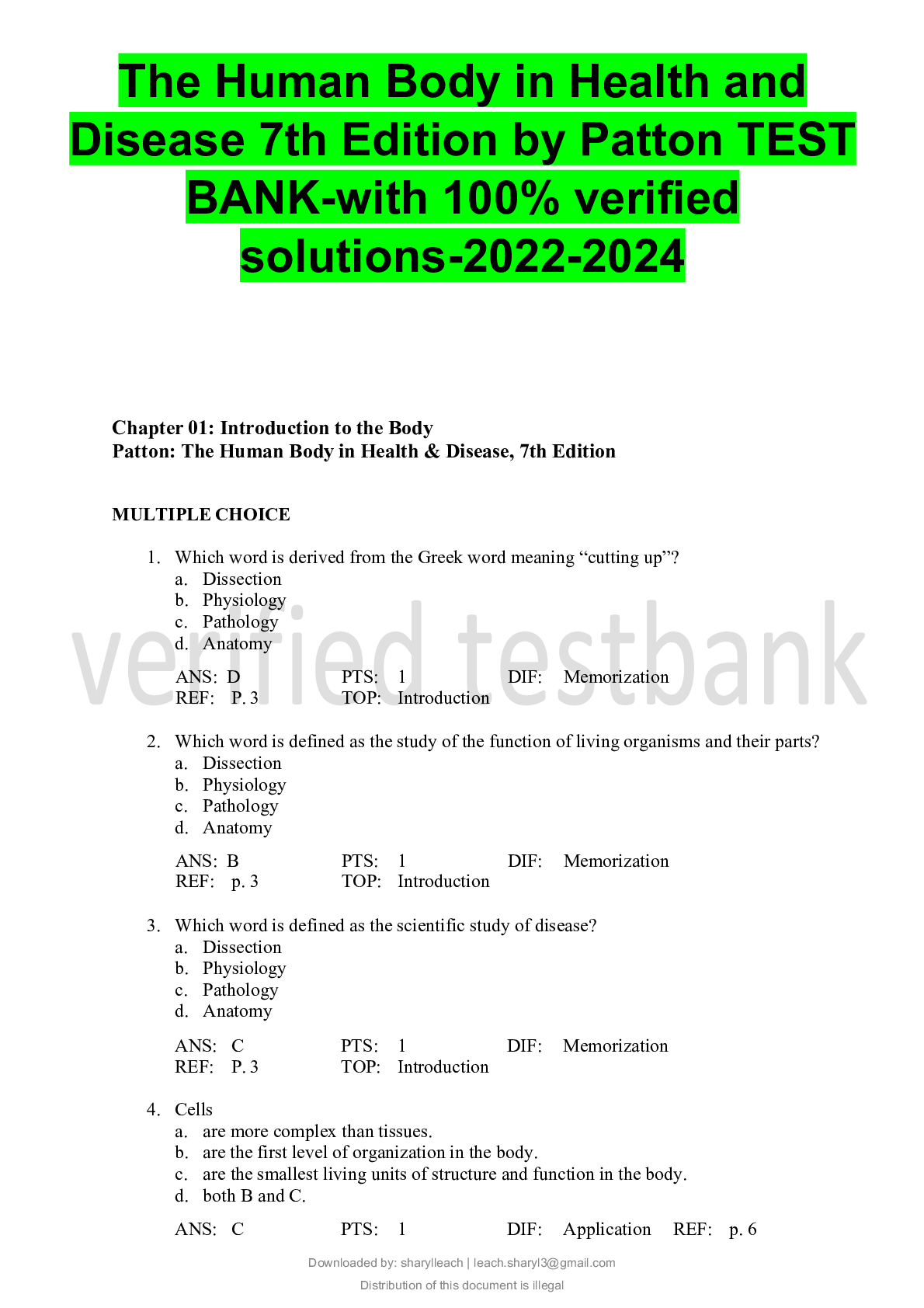 The Human Body in Health and Disease 7th Edition by Patton TEST BANK ...