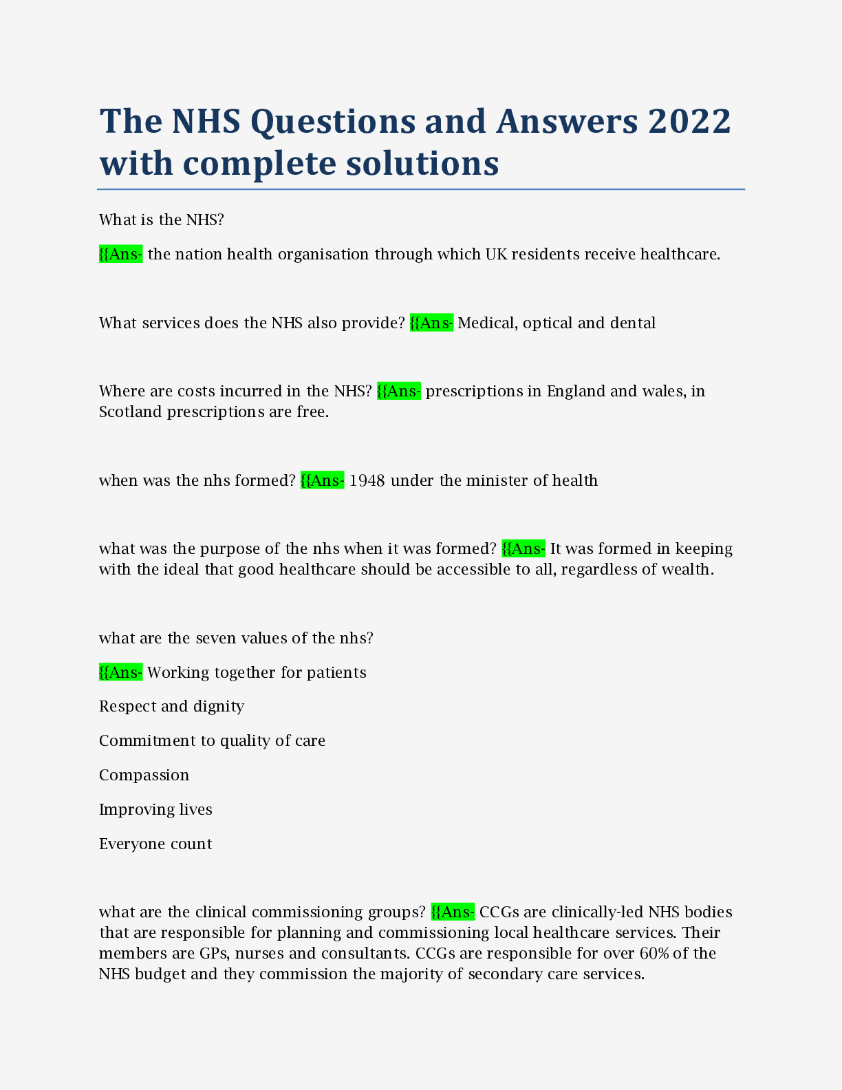 The NHS Questions and Answer | with complete solutions - Scholarfriends
