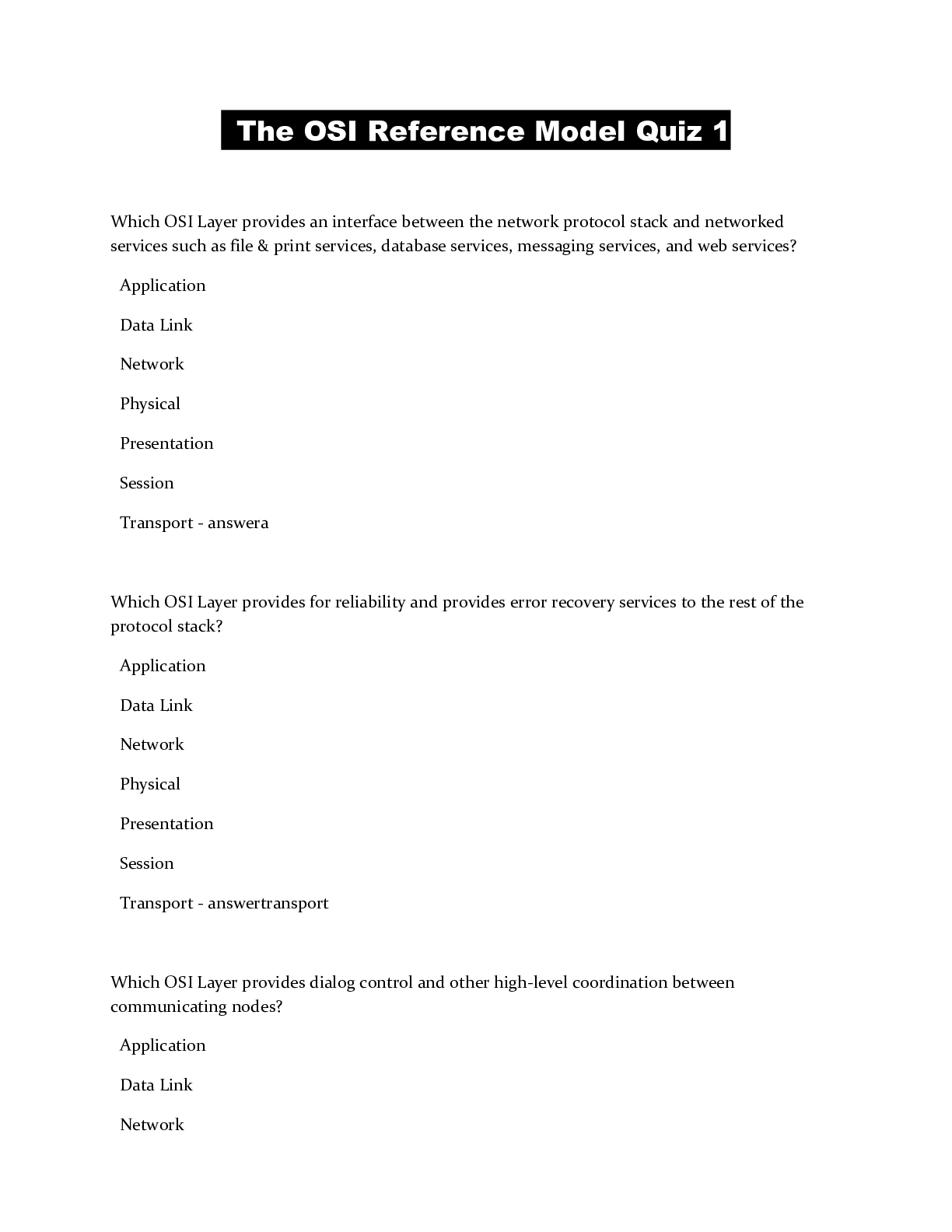 The OSI Reference Model Quiz 1 - Scholarfriends