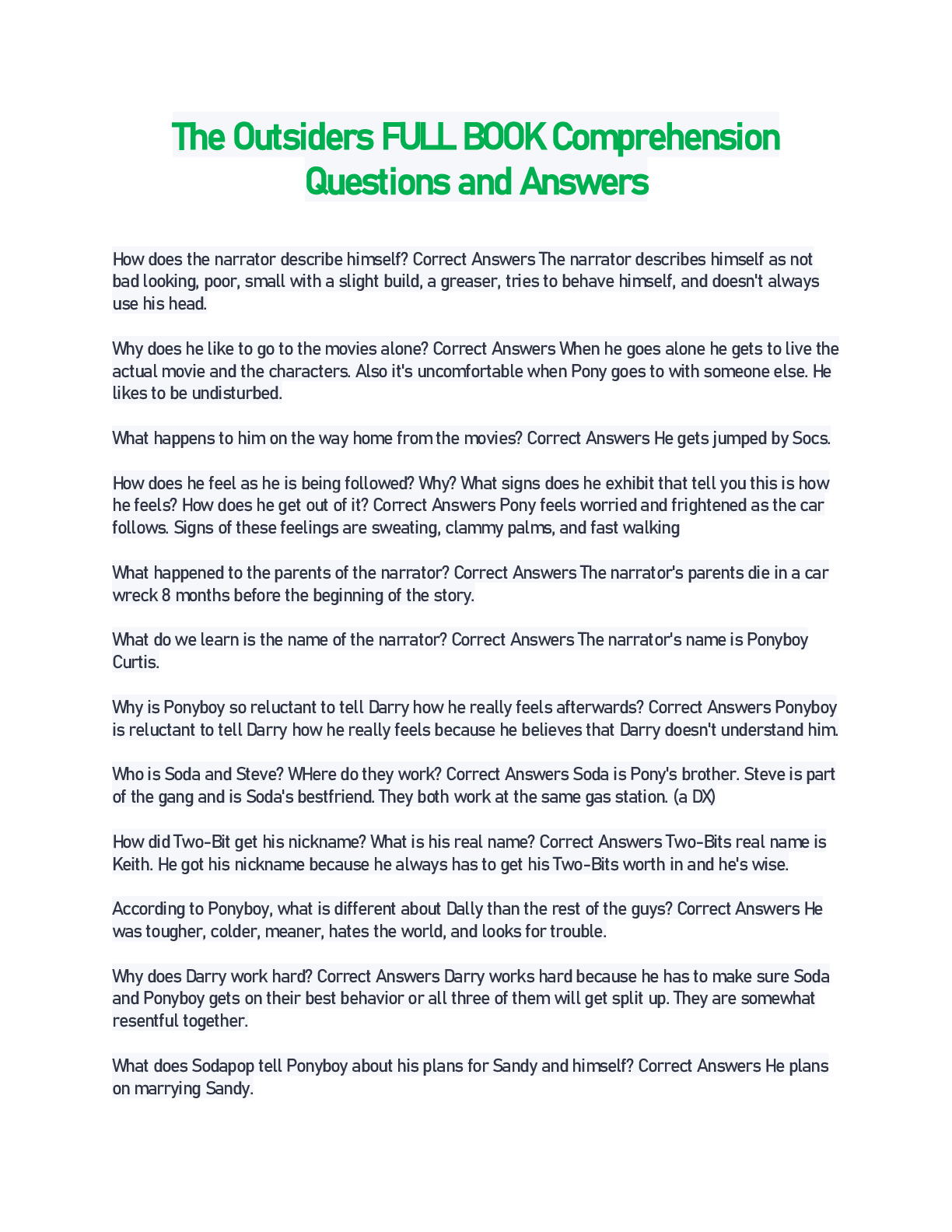 The Outsiders FULL BOOK Comprehension Questions and Answers ...
