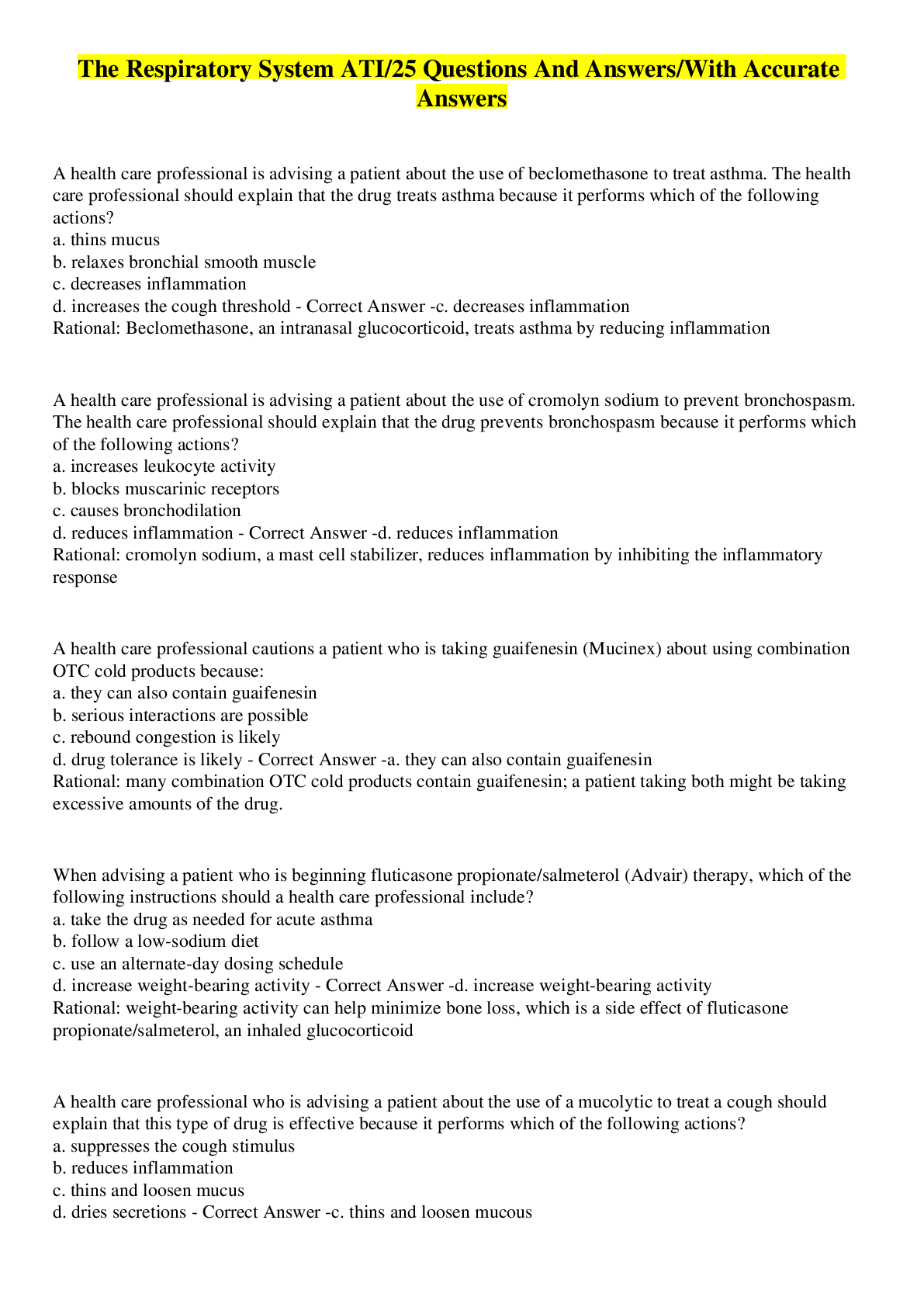 The Respiratory System ATI/25 Questions And Answers/With Accurate ...
