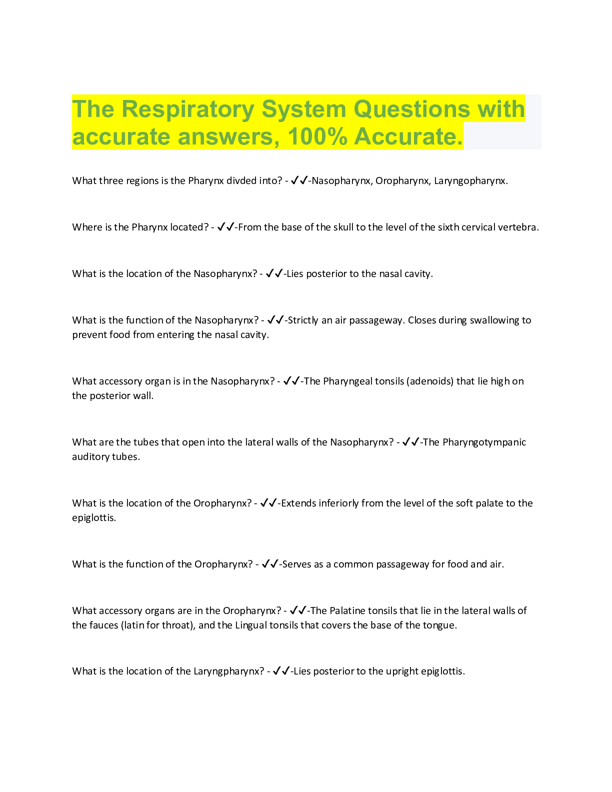 The Respiratory System Questions with accurate answers, 100% Accurate ...