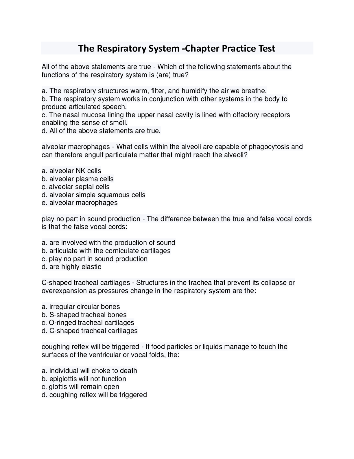The Respiratory System -Chapter Practice Test - Scholarfriends