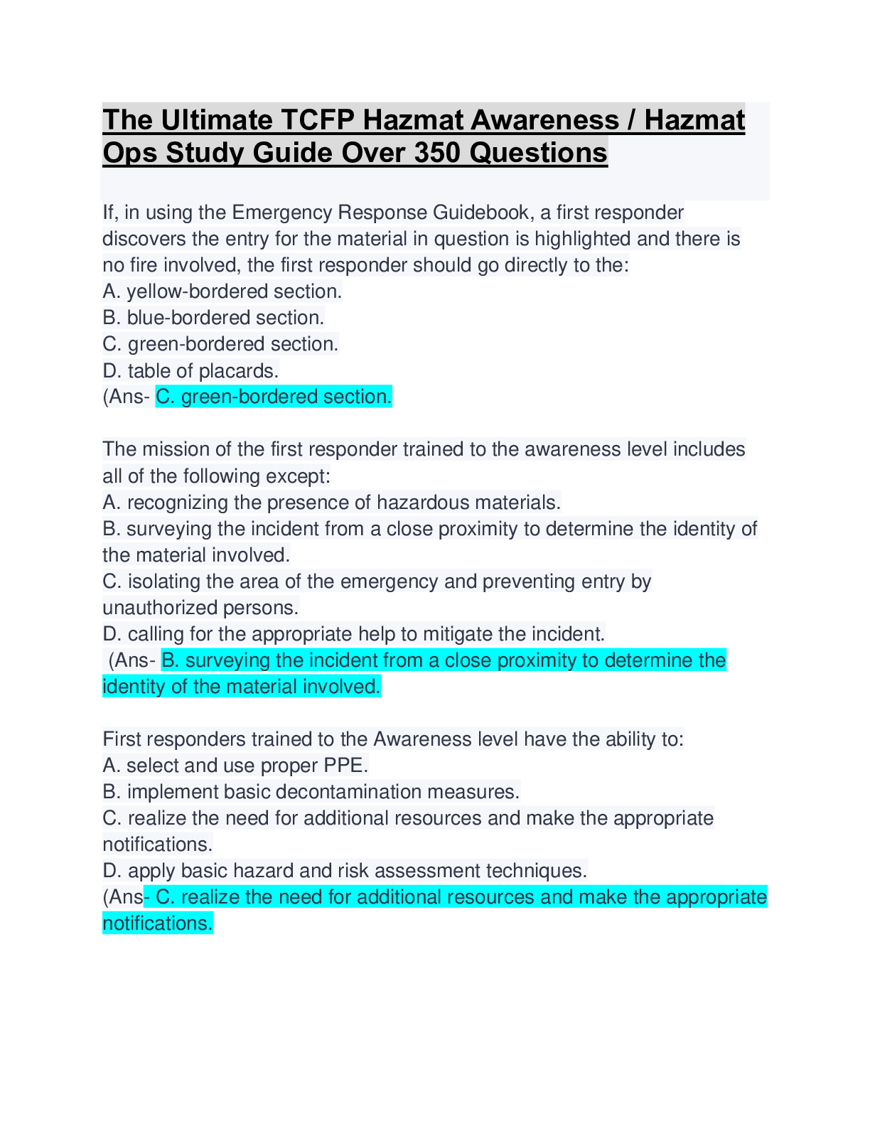 The Ultimate TCFP Hazmat Awareness / Hazmat Ops Study Guide Over 350 ...