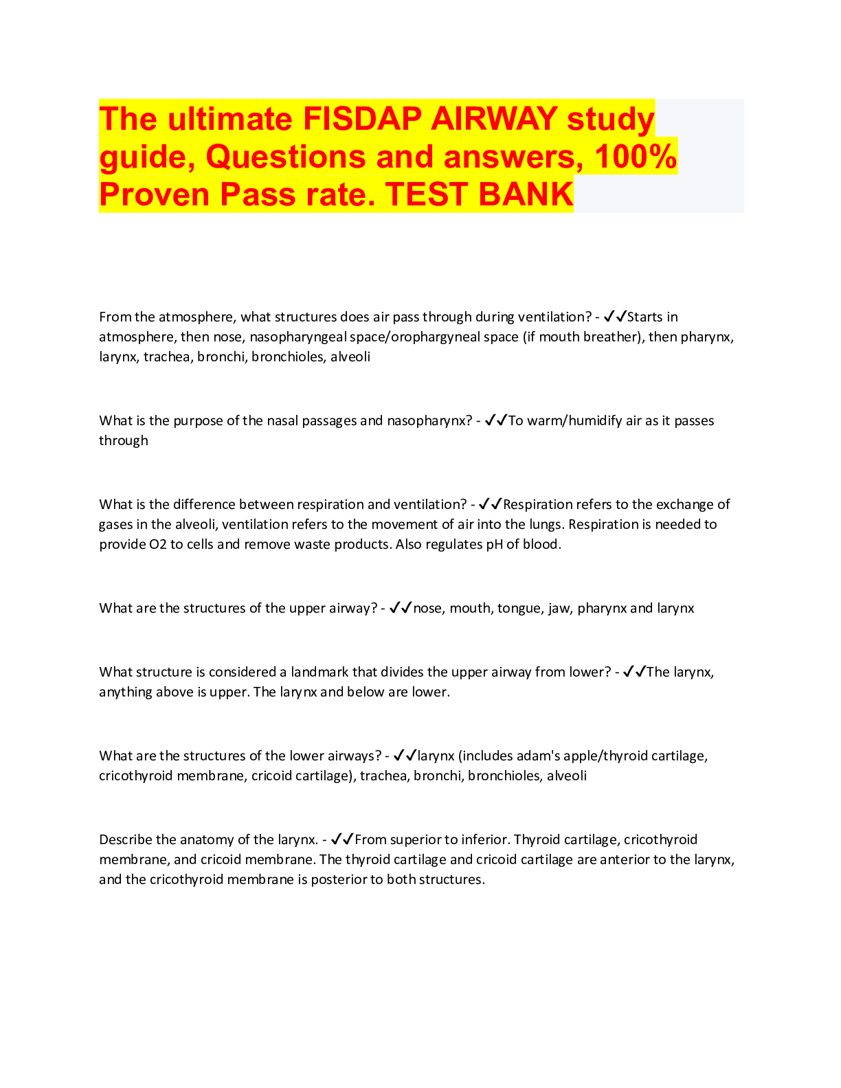 The ultimate FISDAP AIRWAY study guide, Questions and answers, 100% ...